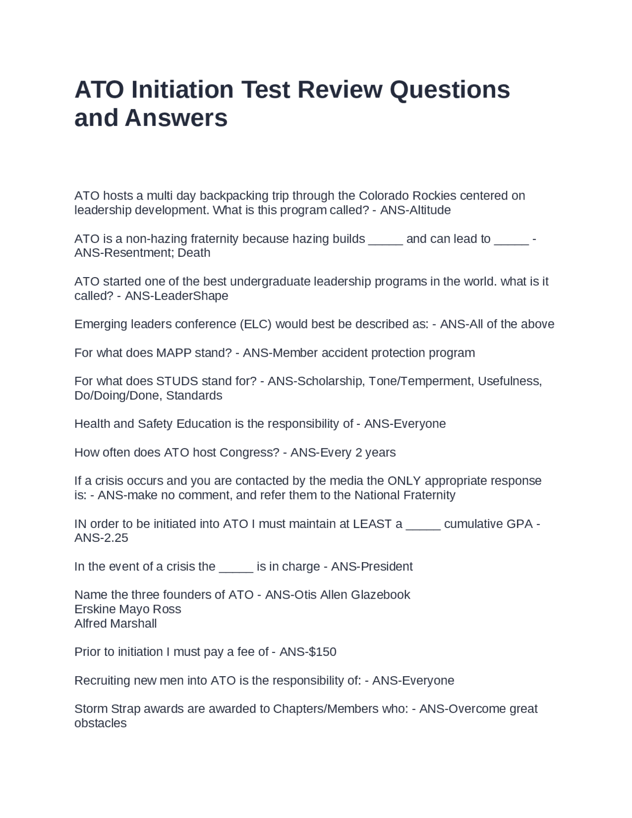 ATO Initiation Test Review Questions and Answers | Exams Advanced ...