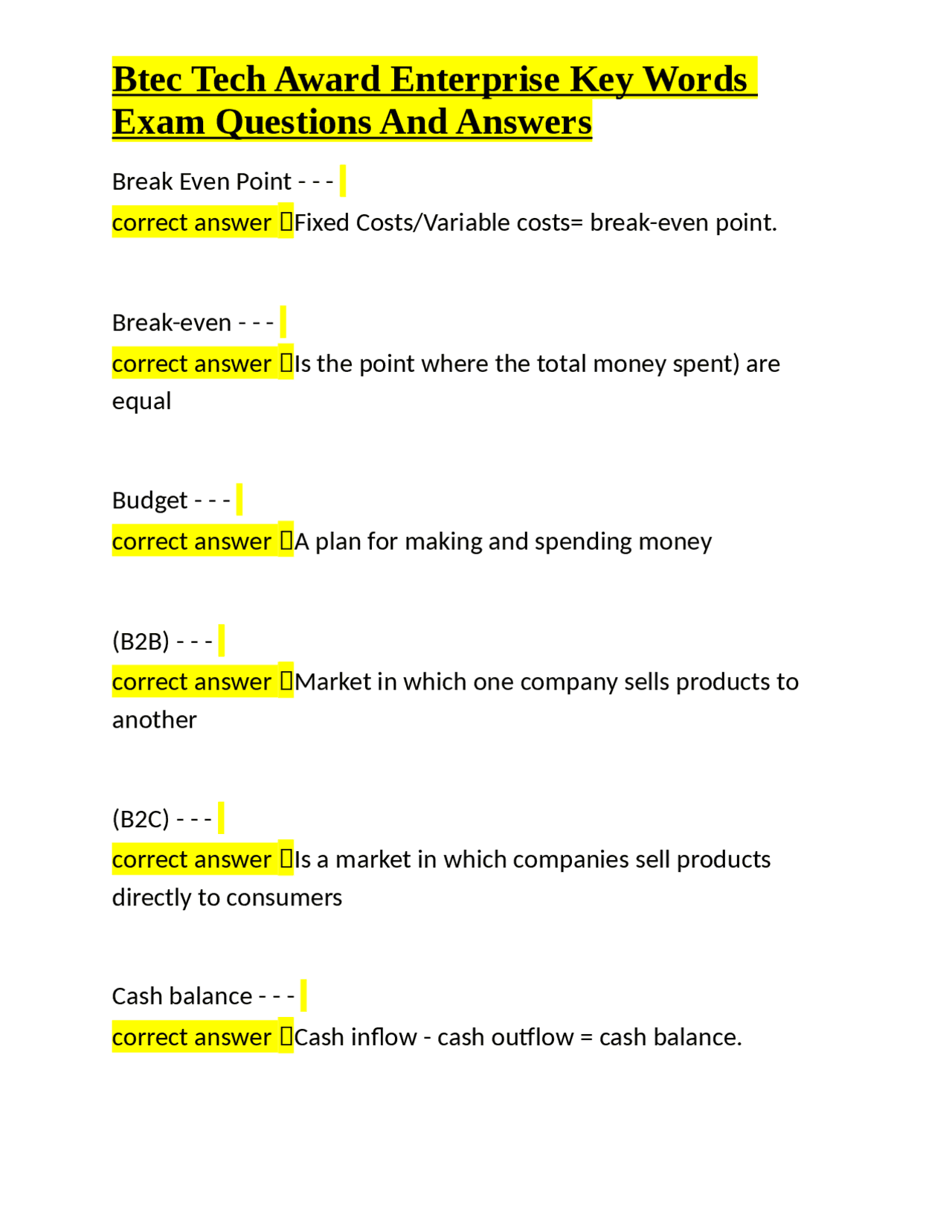 Btec Tech Award Enterprise Key Words: Exam Questions and Answers ...