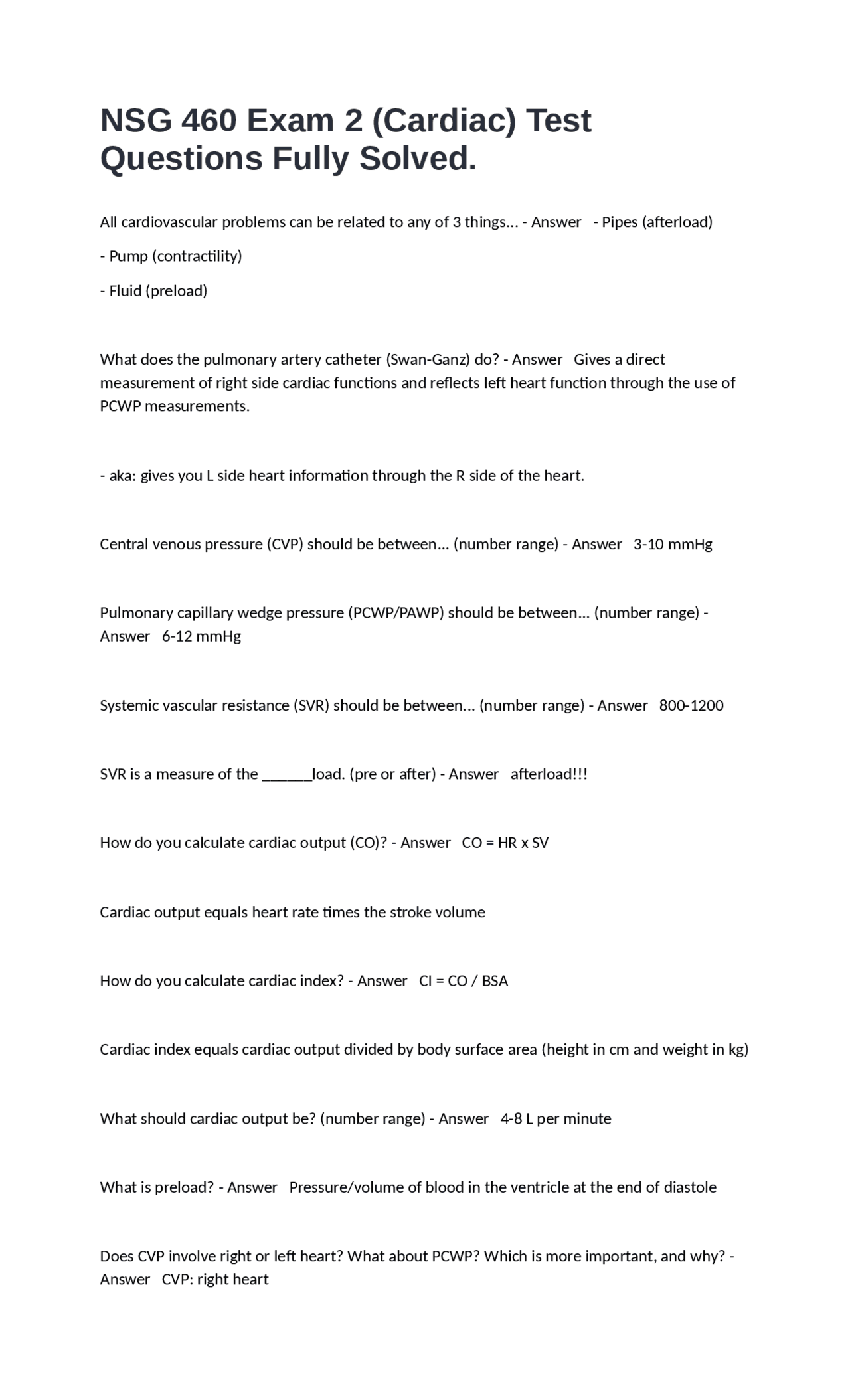 NSG 460 Exam 2 (Cardiac) Test Questions Fully Solved. | Exams Nursing ...