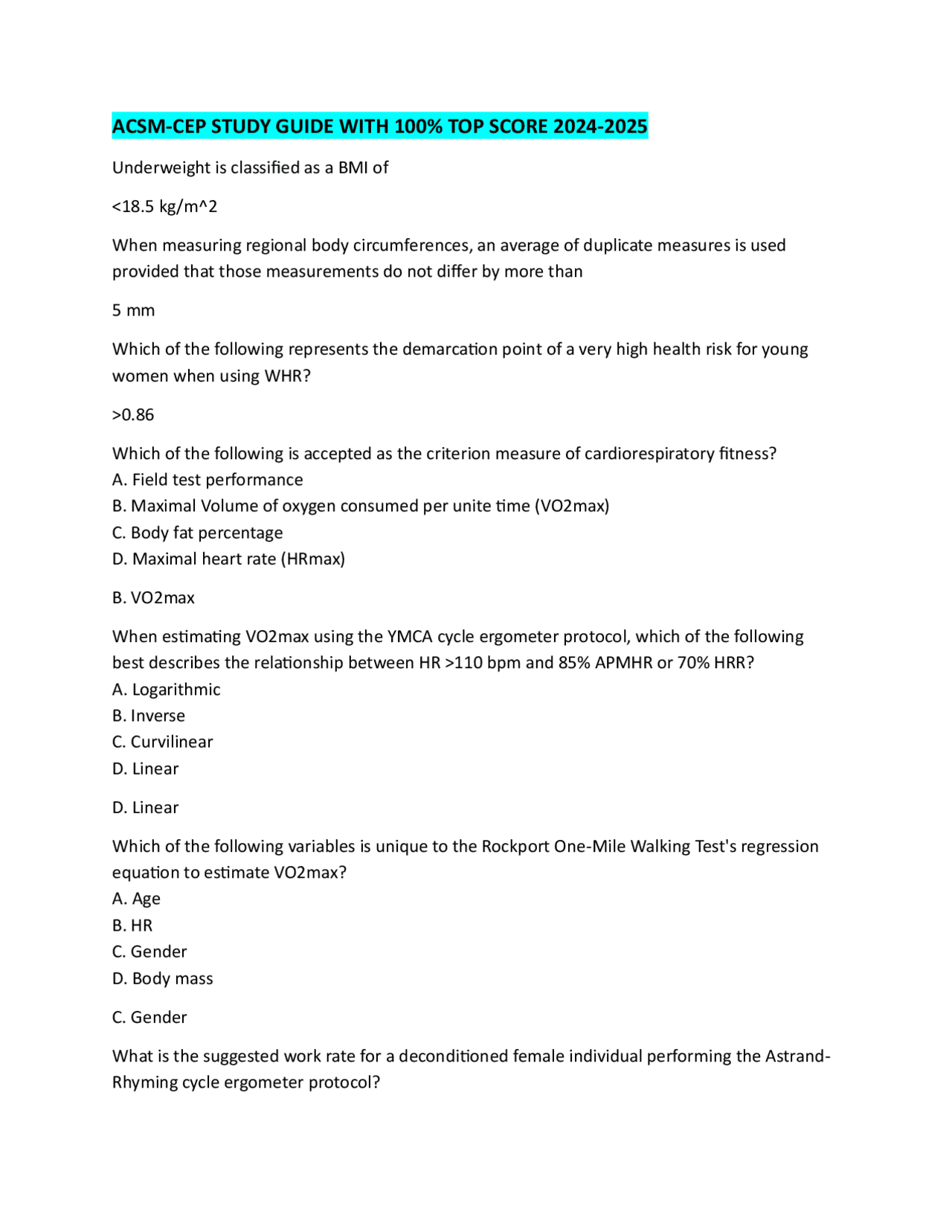 ACSM-CEP STUDY GUIDE WITH 100% TOP SCORE 2024-2025 Underweight is ...