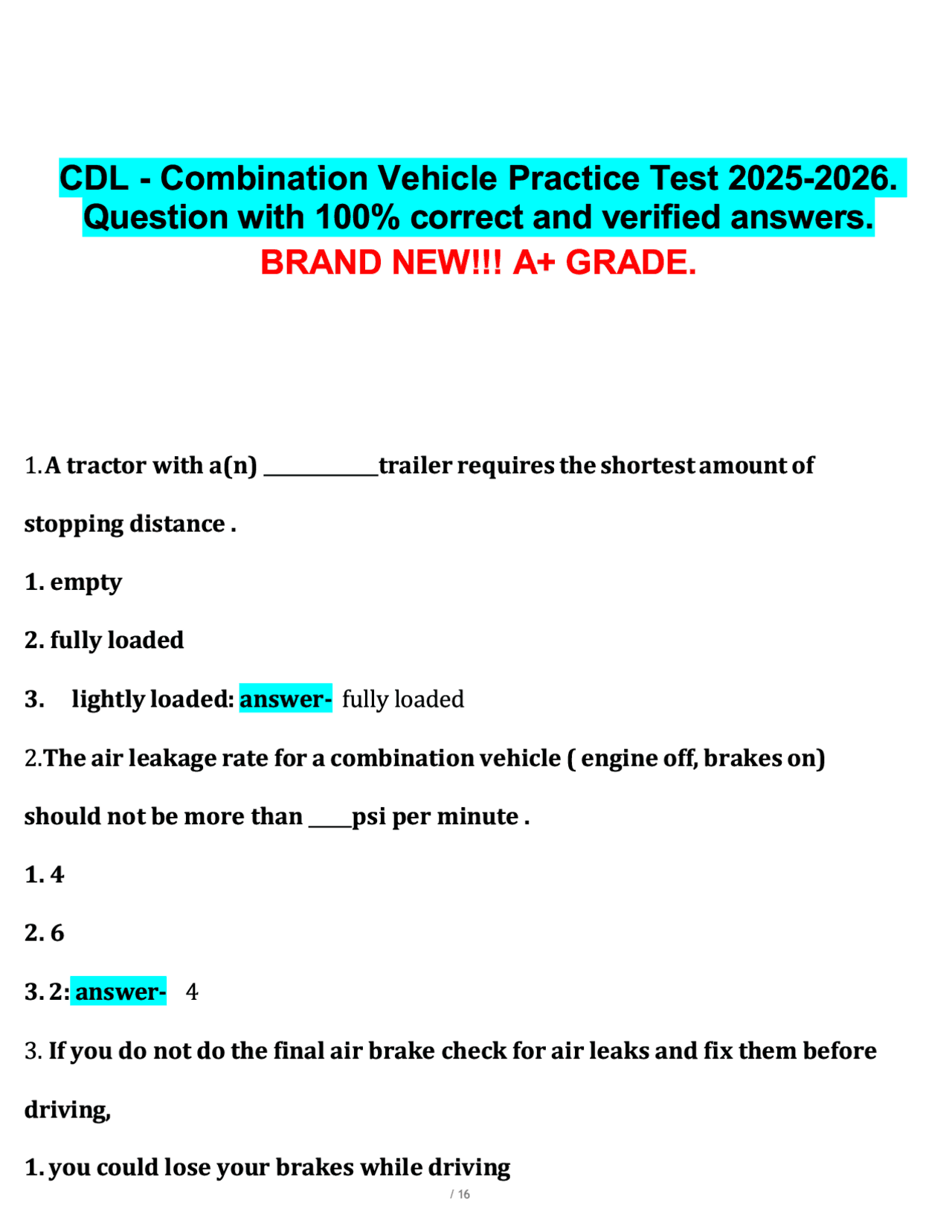 CDL - Combination Vehicle Practice Test 2025-2026. | Exams ...