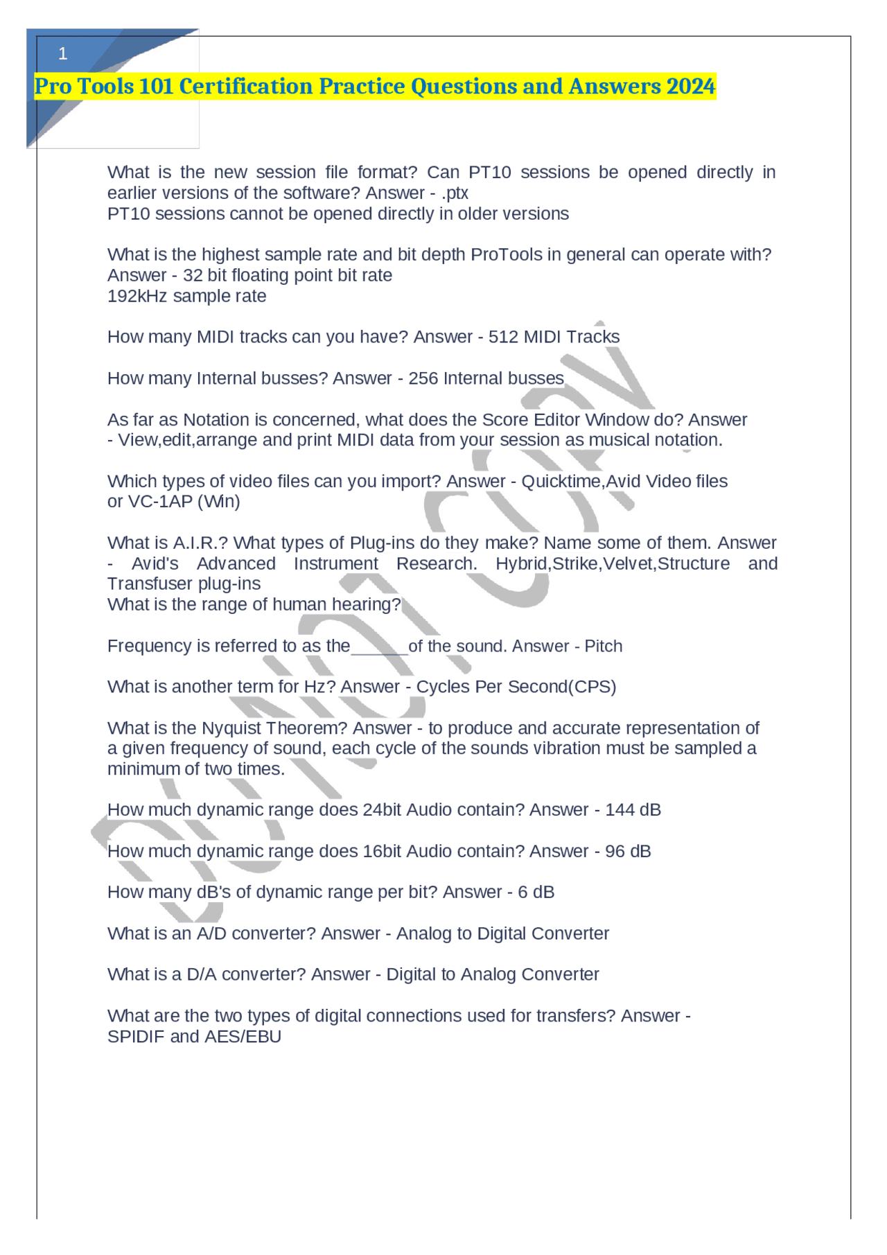 Pro Tools 101 Certification Practice Questions and Answers 2024 | Exams Nursing | Docsity