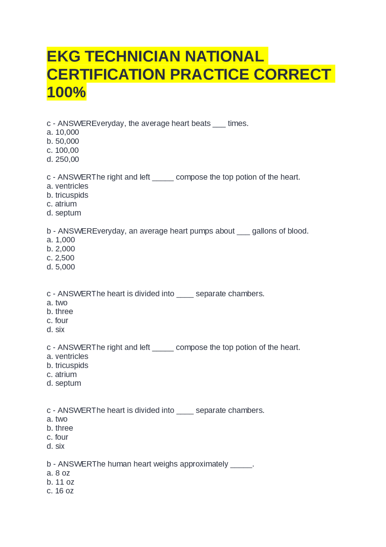 EKG TECHNICIAN NATIONAL CERTIFICATION PRACTICE CORRECT 100% | Exams ...