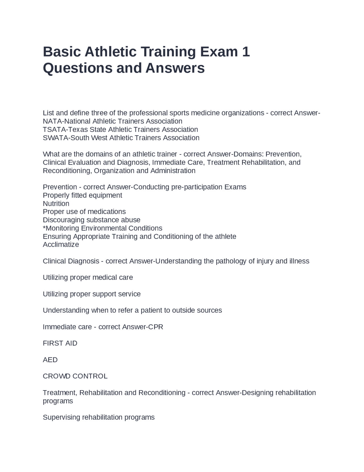 Basic Athletic Training Exam 1 Questions and Answers | Exams Nursing | Docsity