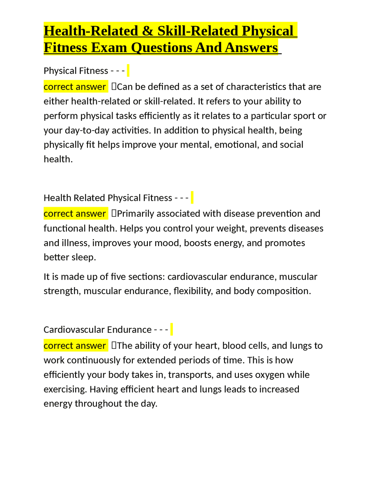 Health-Related & Skill-Related Physical Fitness Exam Questions and ...