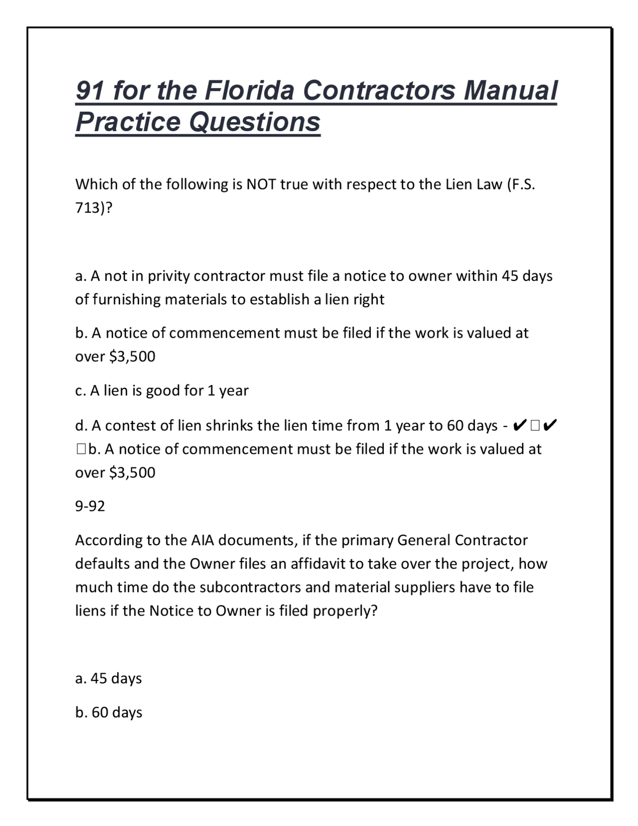 Florida Contractors Manual Practice Questions | Exams Business ...