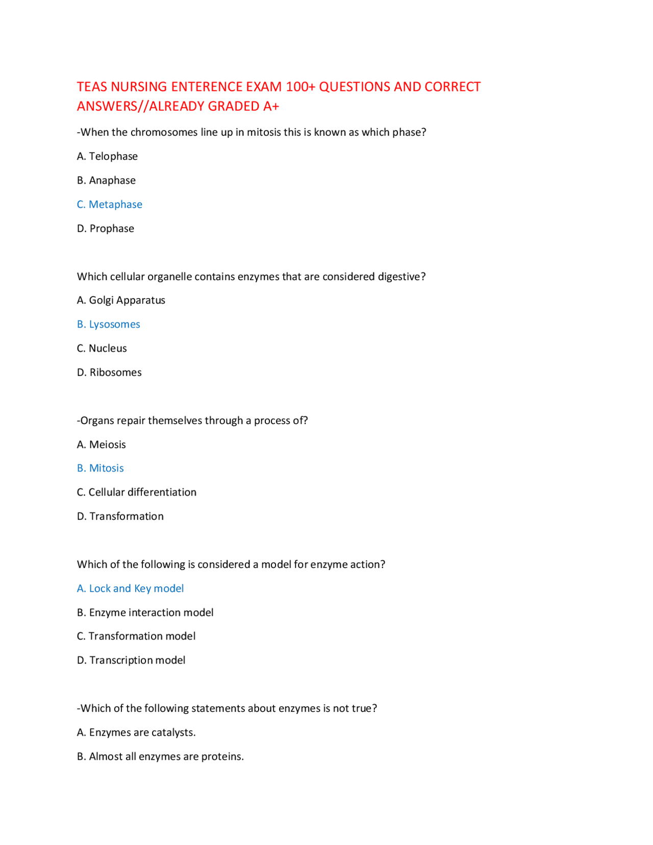 TEAS Nursing Entrance Exam Practice Questions: Biology, Chemistry, and ...