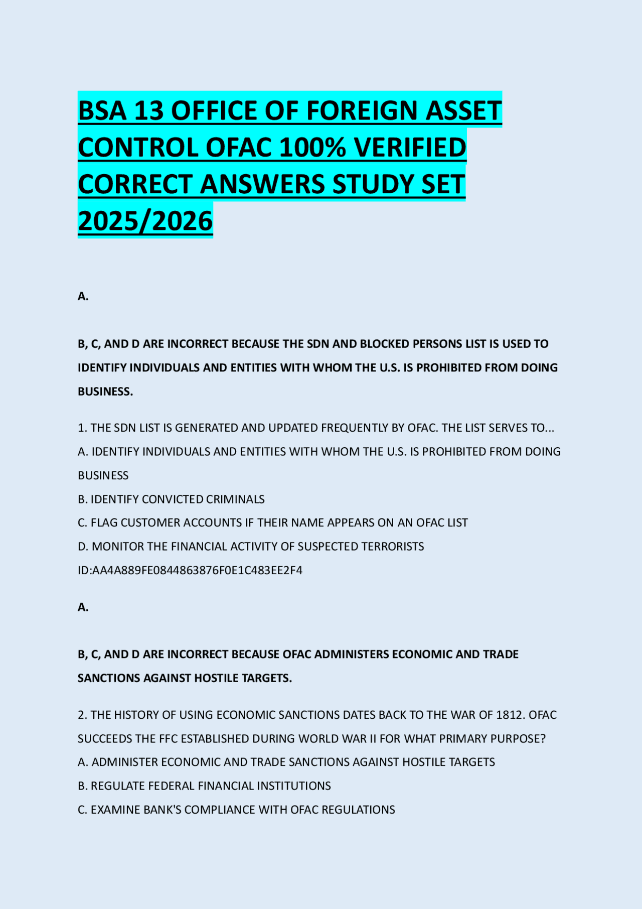 BSA 13 OFFICE OF FOREIGN ASSET CONTROL OFAC 100% VERIFIED CORRECT ...