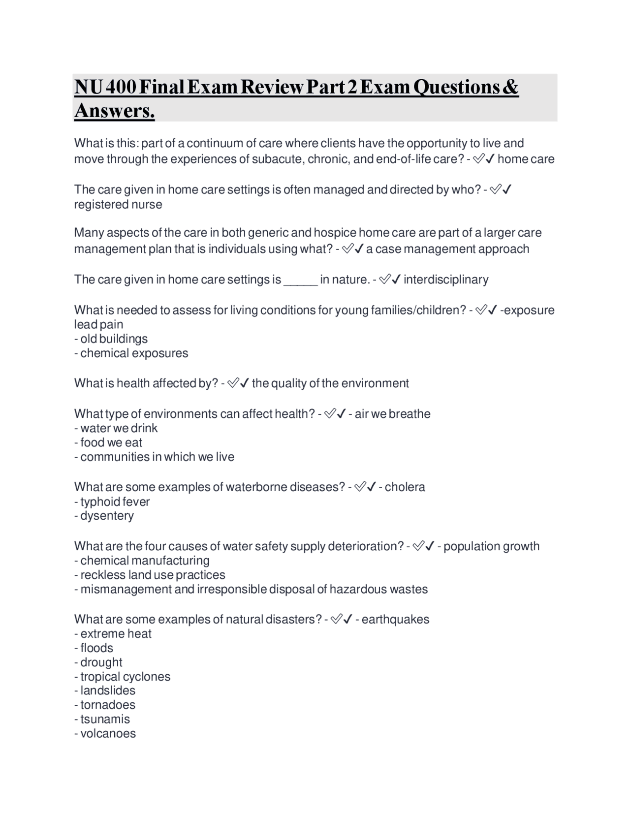 NU 400 Final Exam Review Part 2 Exam Questions & Answers. | Exams Nursing | Docsity