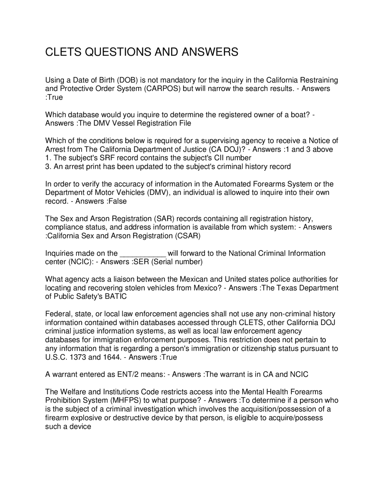 CLETS QUESTIONS AND ANSWERS | Exams Social Sciences | Docsity