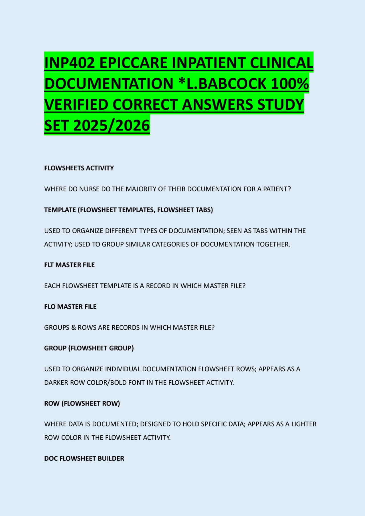 INP402 EPICCARE INPATIENT CLINICAL DOCUMENTATION *L.BABCOCK 100% VERIFIED CORRECT ANSWER | Exams ...