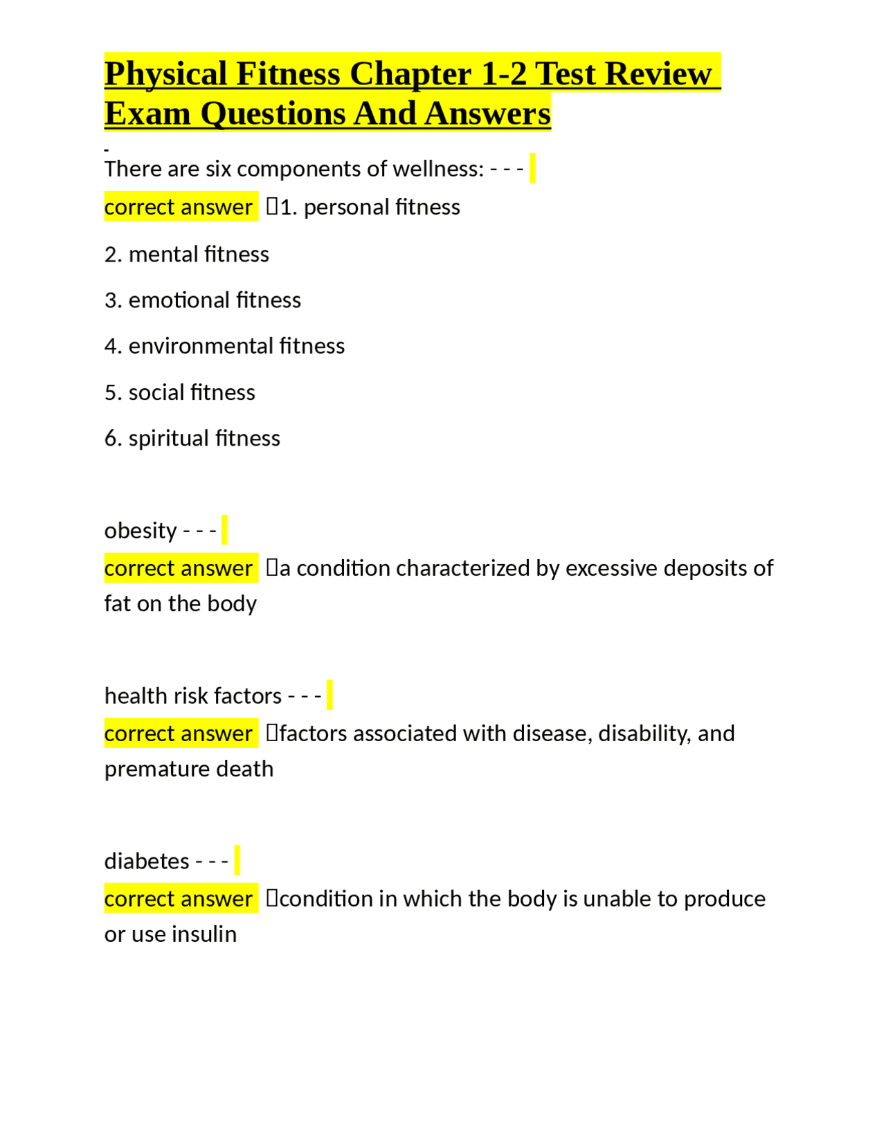 Physical Fitness Chapter 1-2 Test Review: Exam Questions and Answers ...