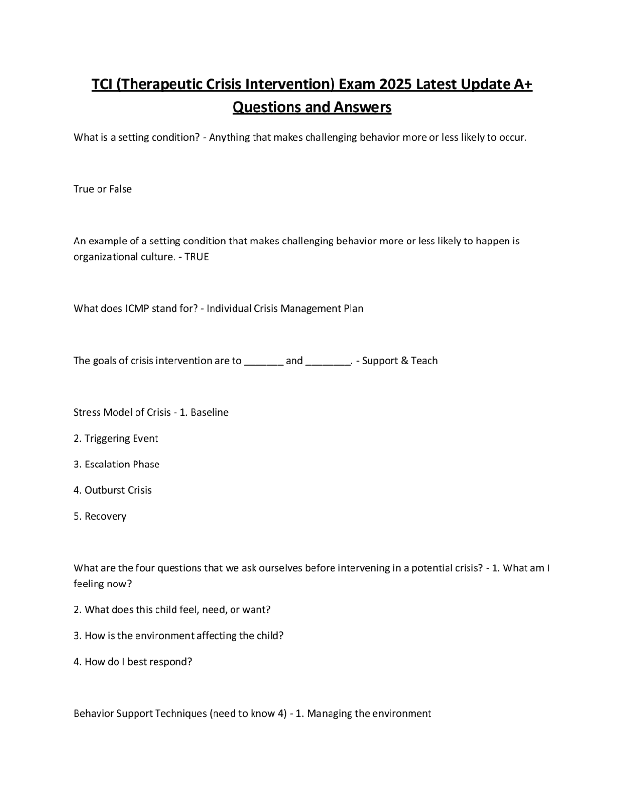 TCI (Therapeutic Crisis Intervention) Exam 2025 Latest Update A+ ...