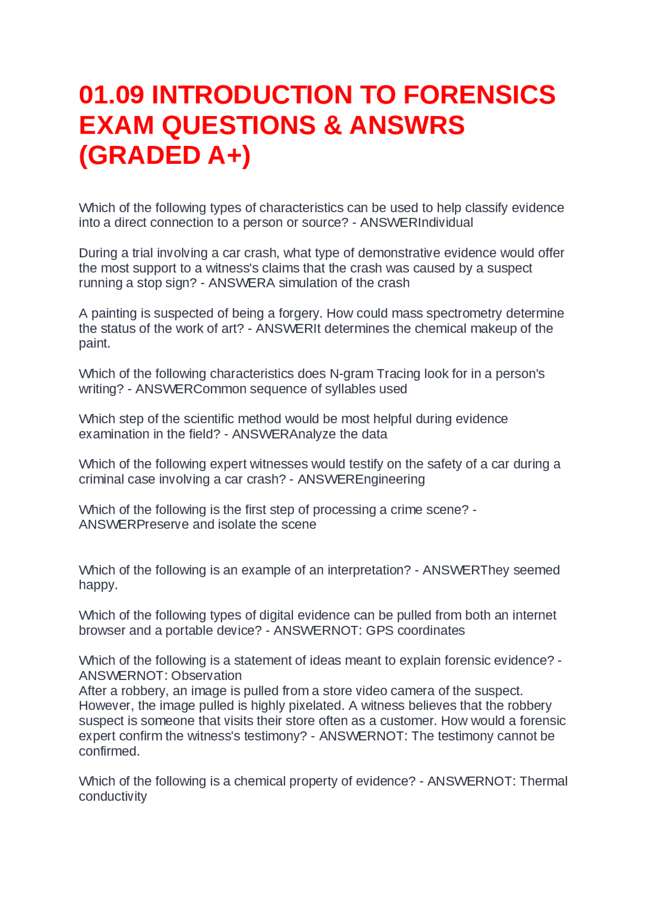 01.09 INTRODUCTION TO FORENSICS EXAM QUESTIONS & ANSWRS (GRADED A+ ...