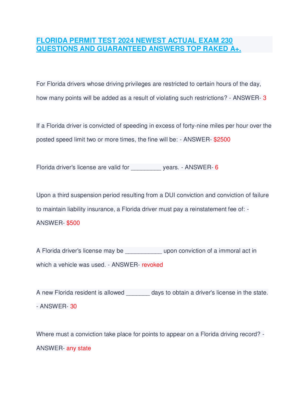 Florida Driver's License Exam: 2024 Practice Questions and Answers ...
