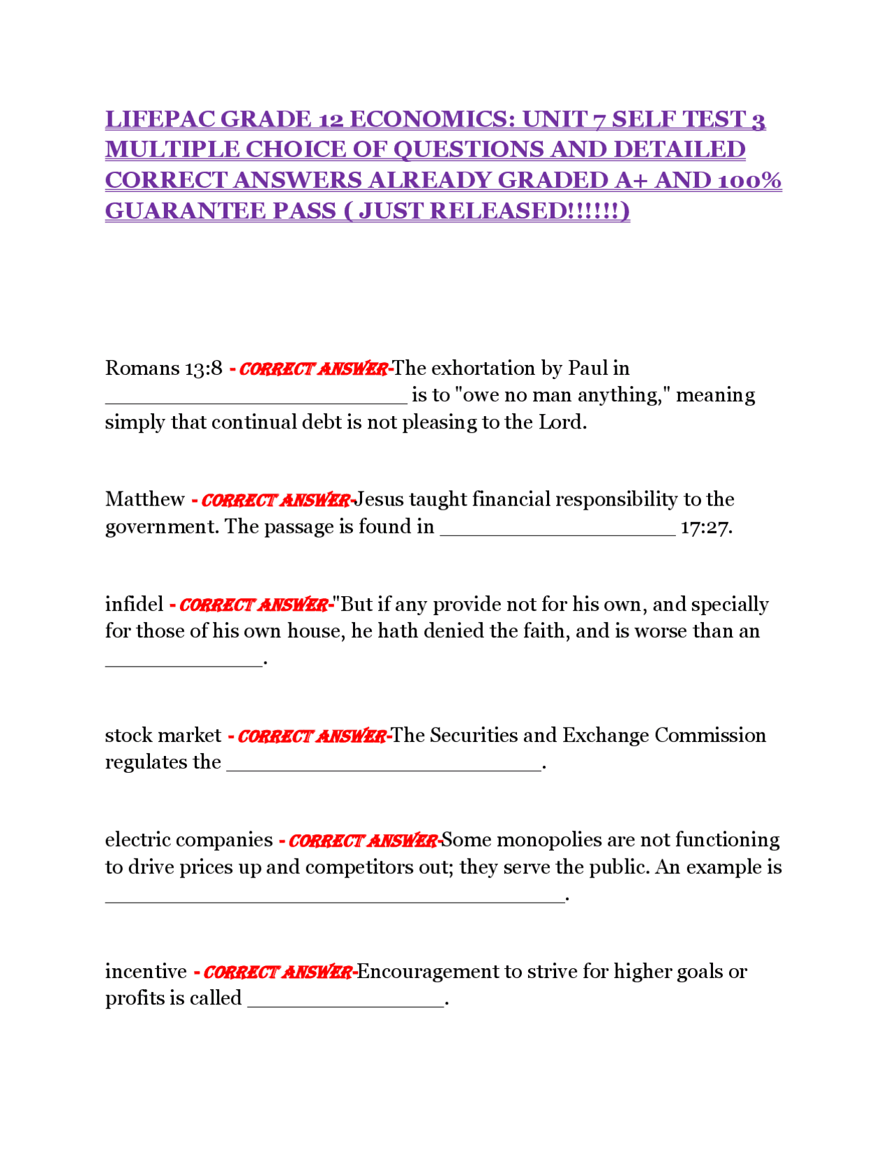 LIFEPAC GRADE 12 ECONOMICS: UNIT 7 SELF TEST 3 MULTIPLE CHOICE OF ...