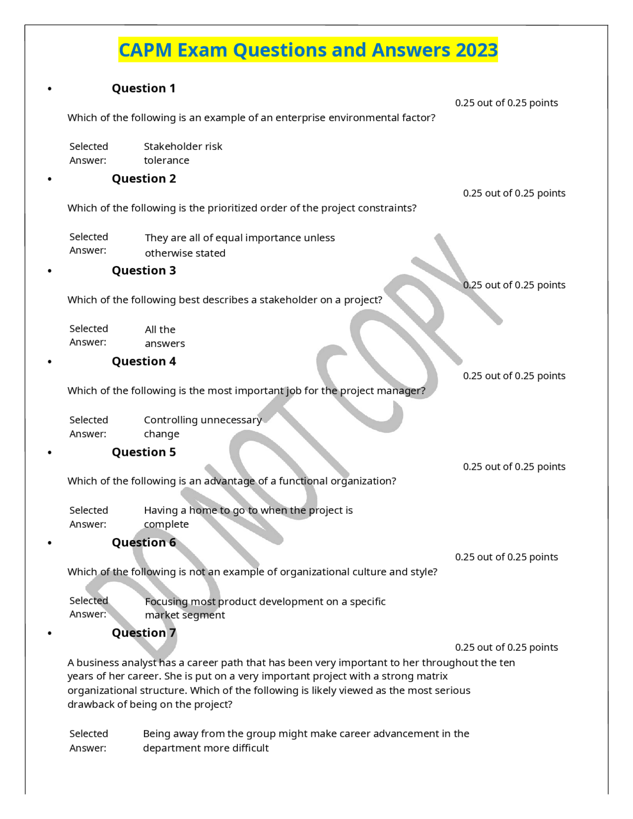 CAPM Exam Questions and Answers 2023 | Exams Nursing | Docsity