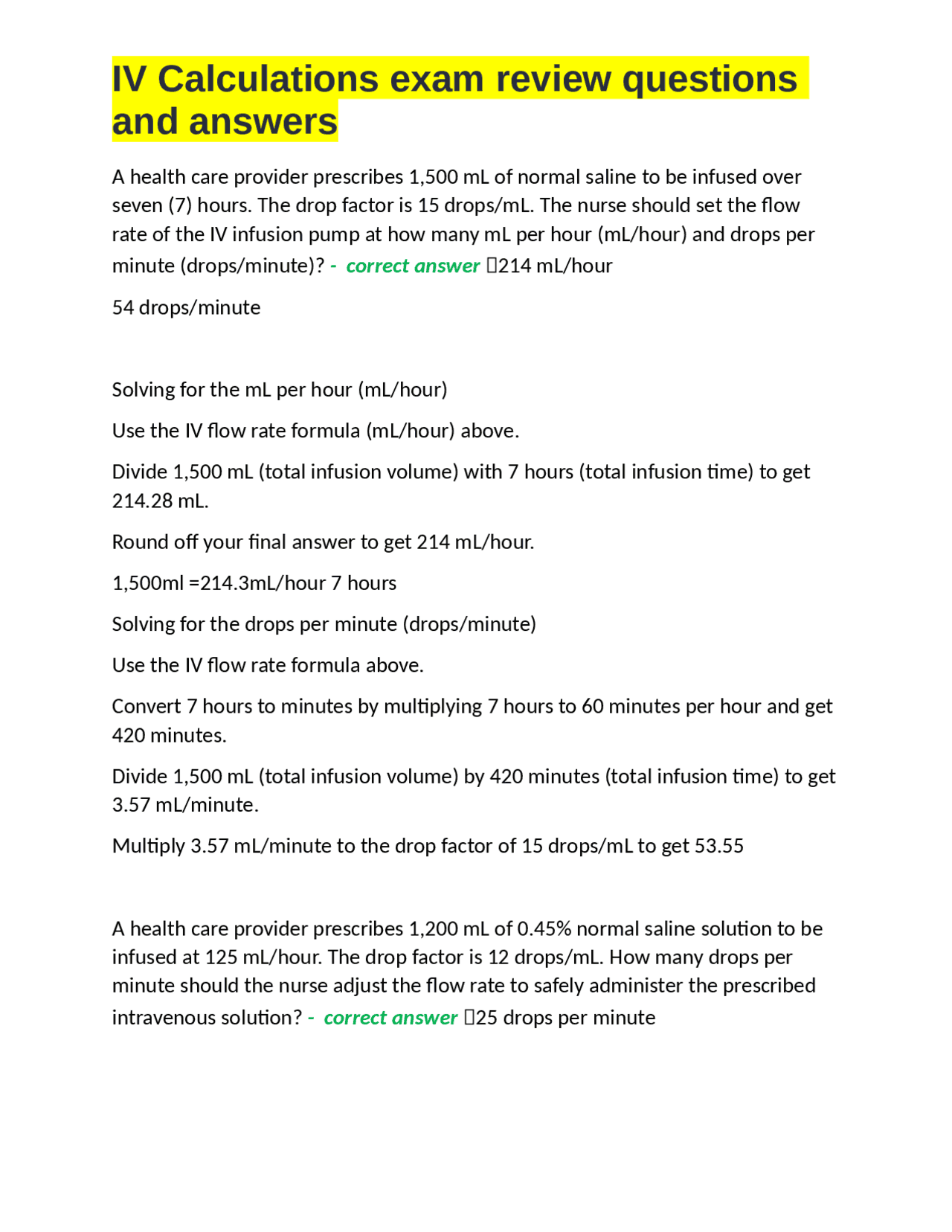 IV Calculations Exam Review Questions and Answers | Exams Nursing | Docsity