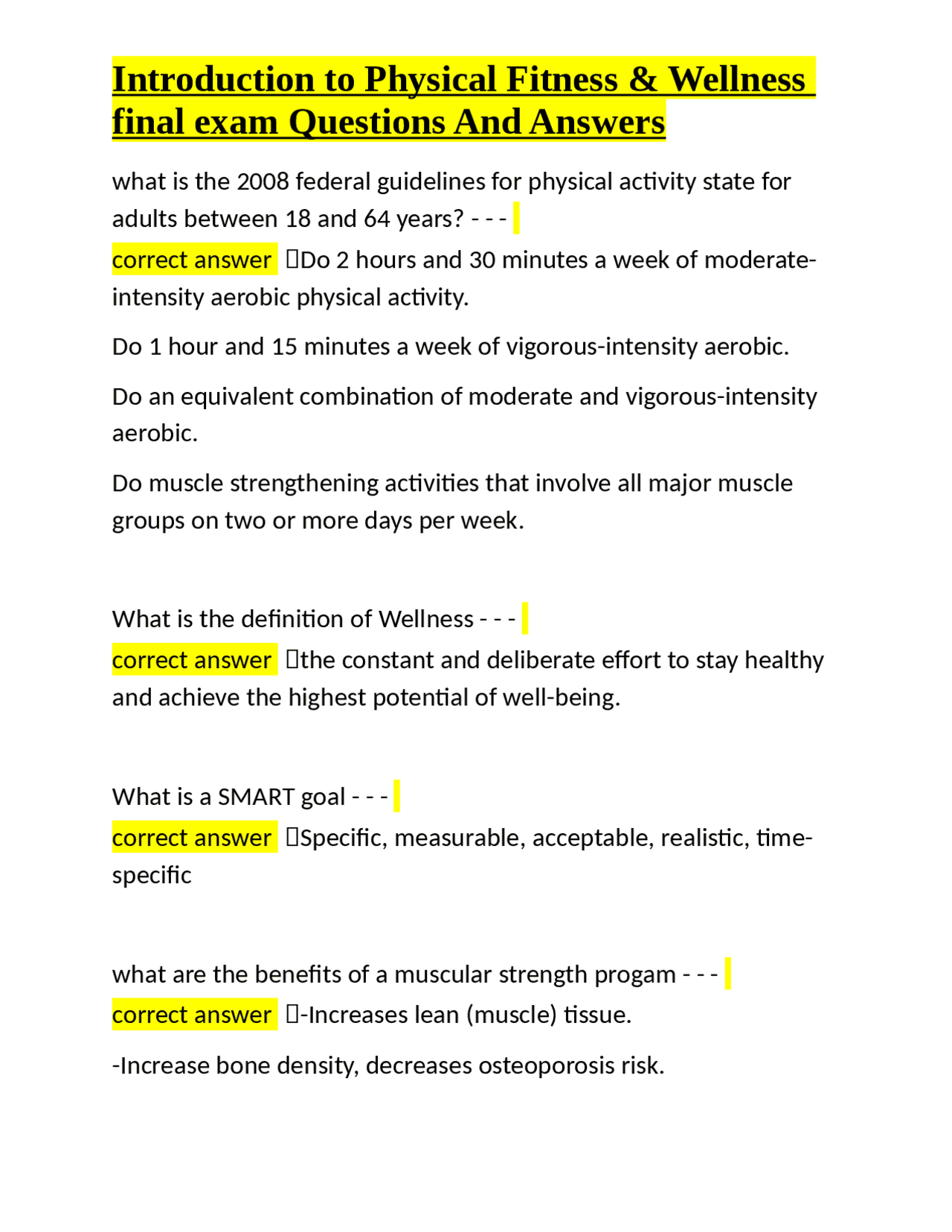Introduction to Physical Fitness & Wellness final exam Questions And ...