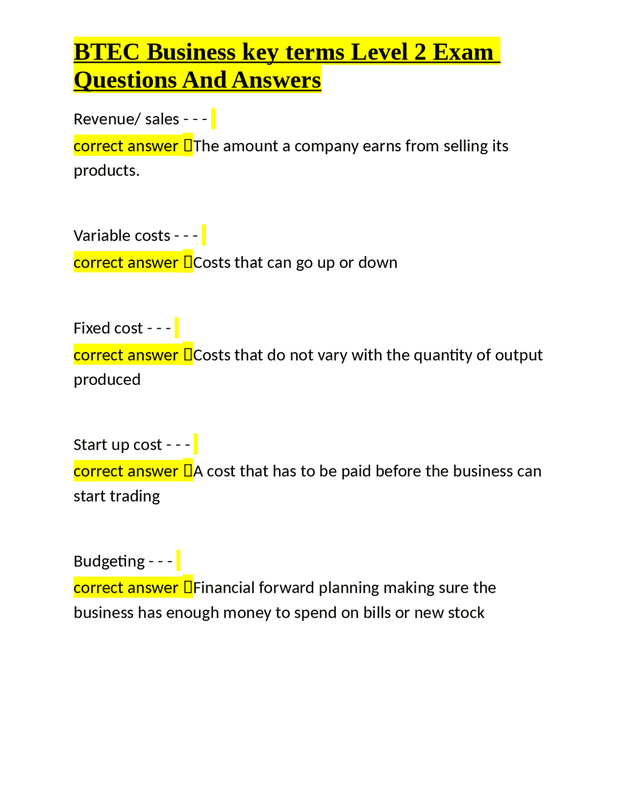 BTEC Business key terms Level 2 Exam Questions And Answers | Exams ...