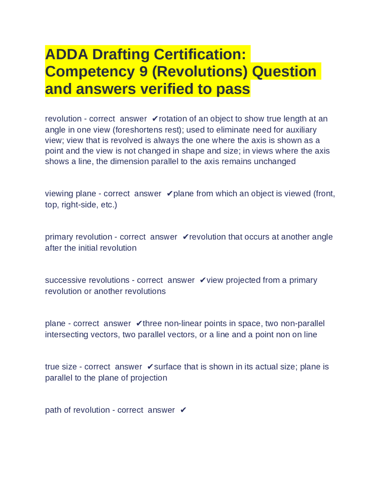 ADDA Drafting Certification: Competency 9 (Revolutions) - Questions and ...