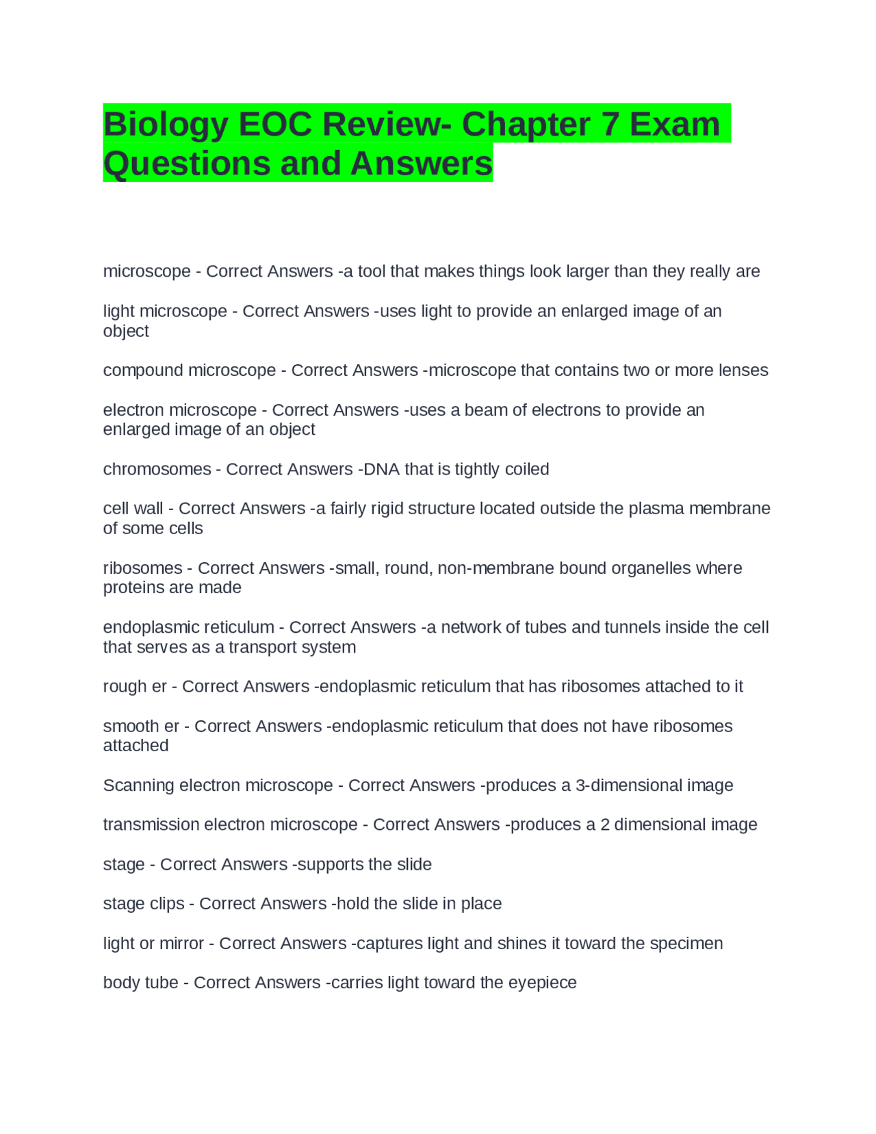Biology EOC Review- Chapter 7 Exam Questions and Answers with Accurate ...