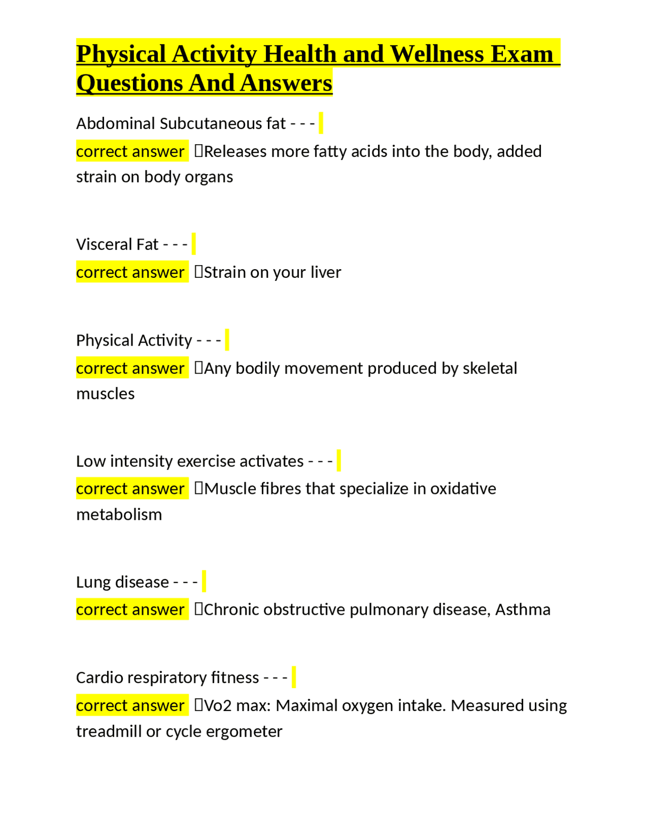 Physical Activity, Health, and Wellness Exam: Questions and Answers ...