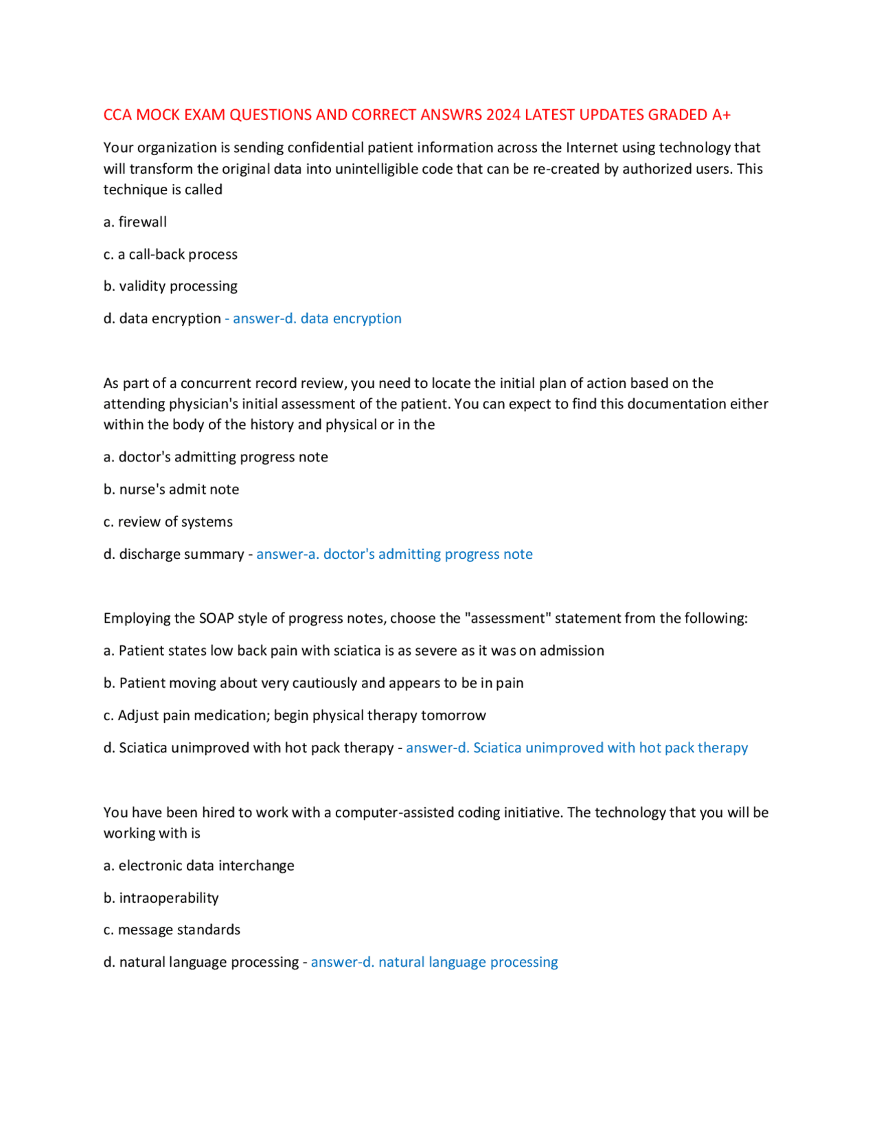 CCA MOCK EXAM QUESTIONS AND CORRECT ANSWRS 2024 LATEST UPDATES GRADED ...