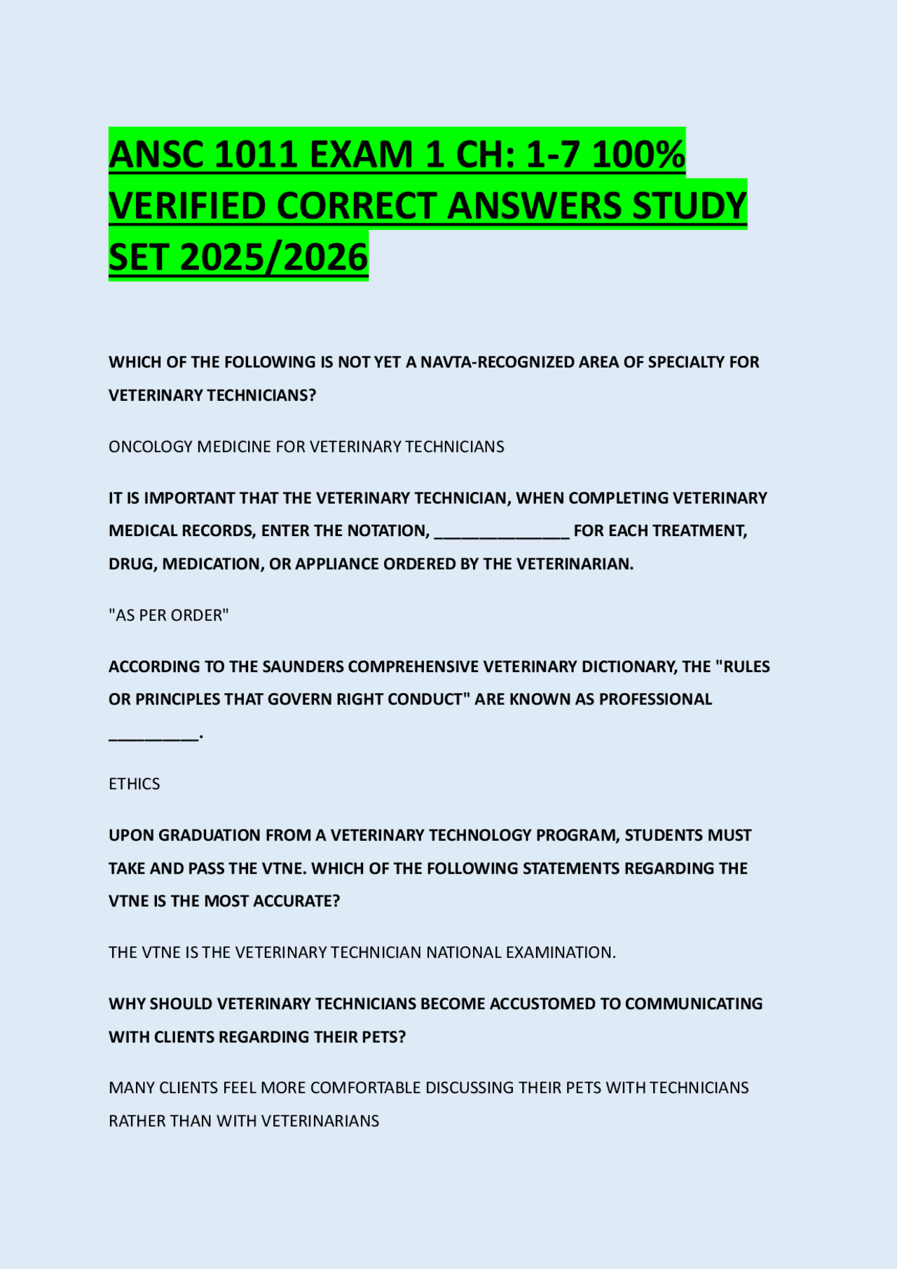 ANSC 1011 EXAM 1 CH: 1-7 100% VERIFIED CORRECT ANSWERS STUDY SET 2025/2026 | Exams Organization ...