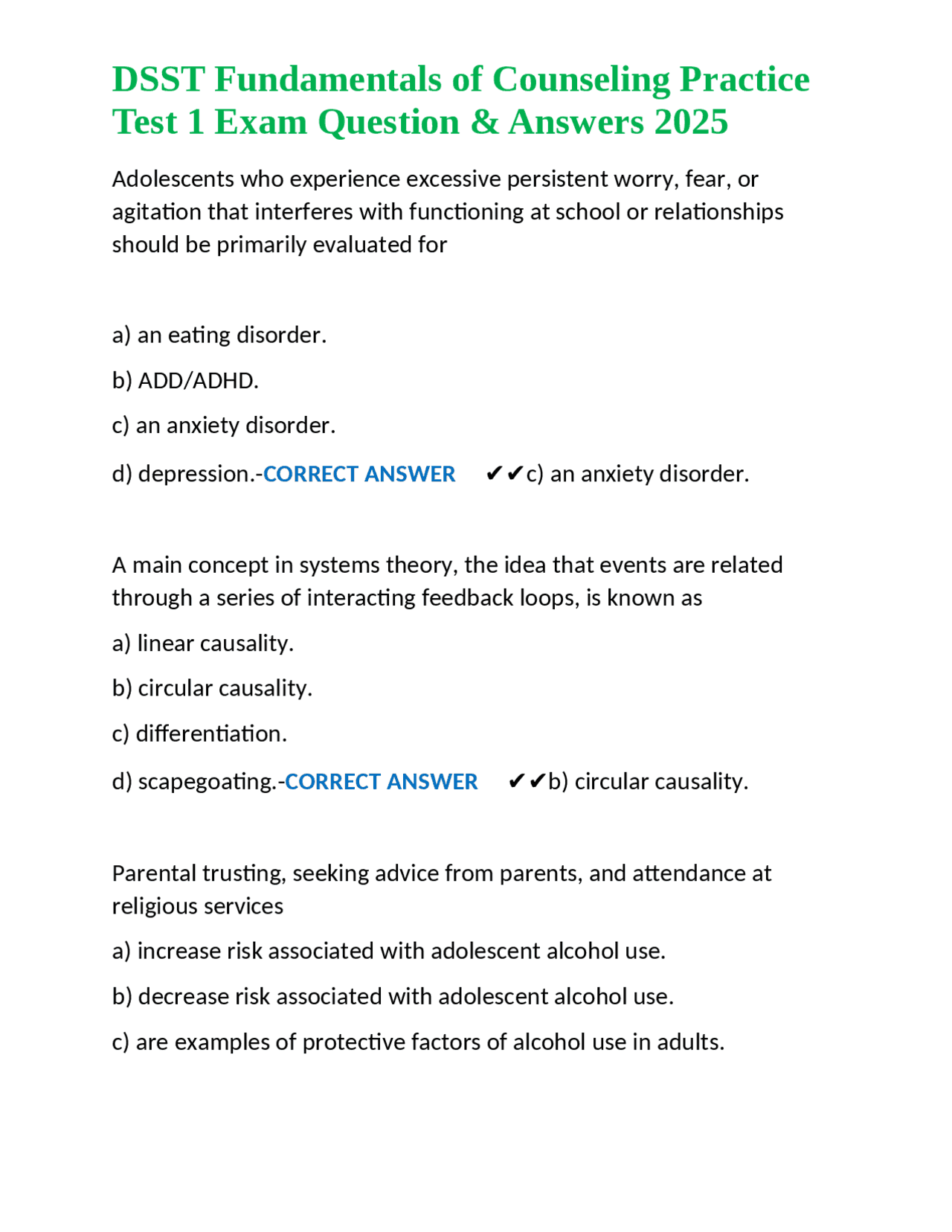 DSST Fundamentals of Counseling Practice Test 1 Exam Questions and ...
