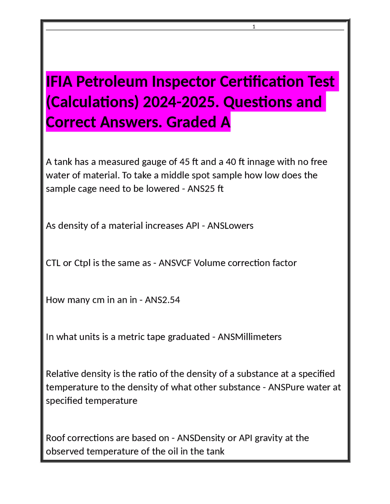 IFIA Petroleum Inspector Certification Test (Calculations) 2024-2025 ...