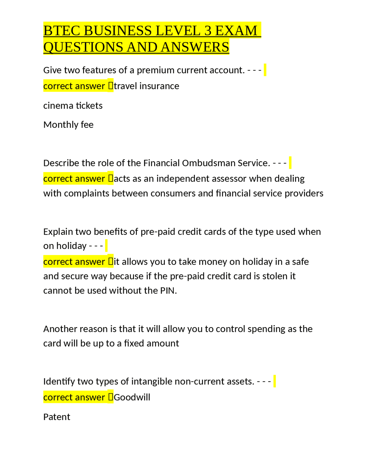 BTEC BUSINESS LEVEL 3 EXAM QUESTIONS AND ANSWERS | Exams Entrepreneurship | Docsity