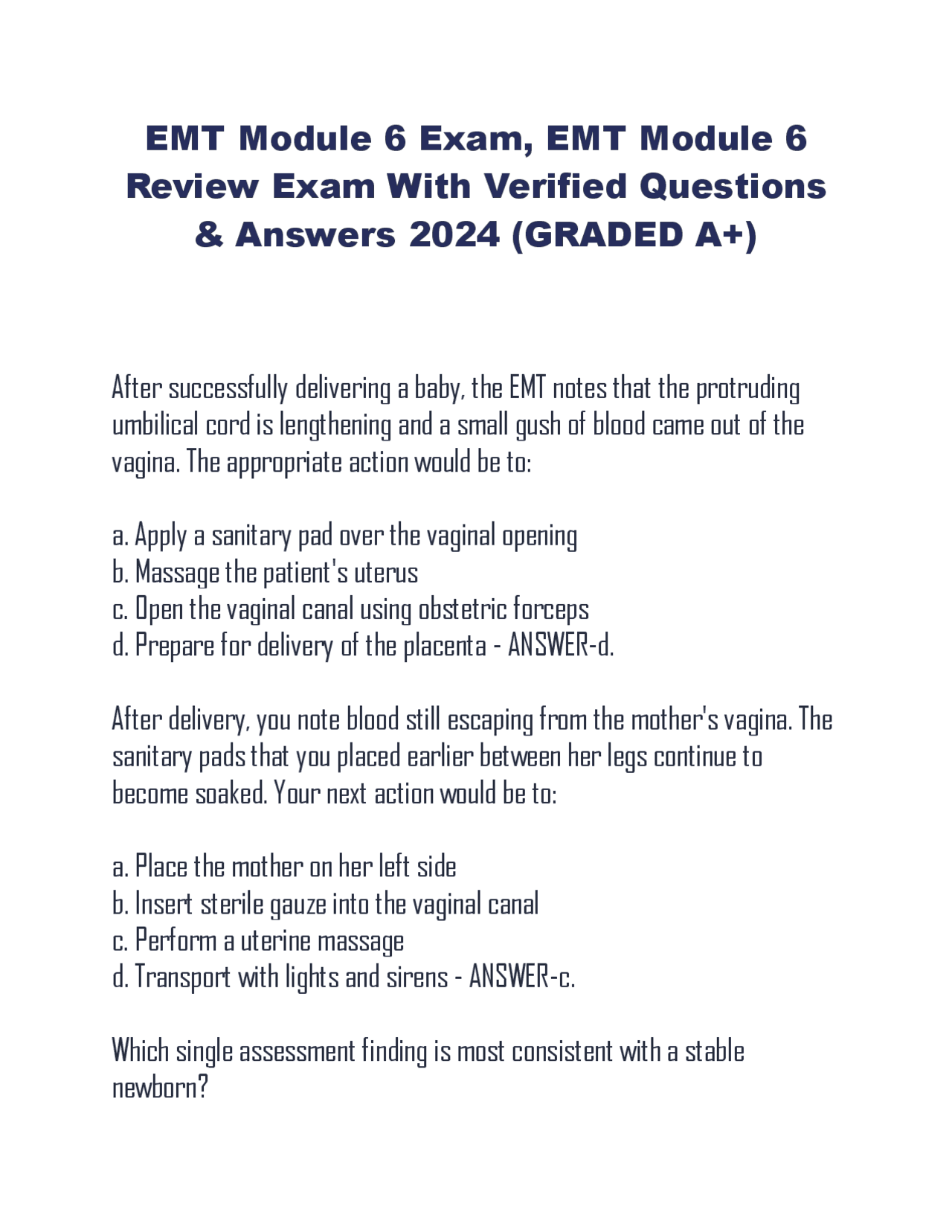 EMT Module 6 Exam, EMT Module 6 Review Exam With Verified Questions & Answers 2024 (GRADE ...