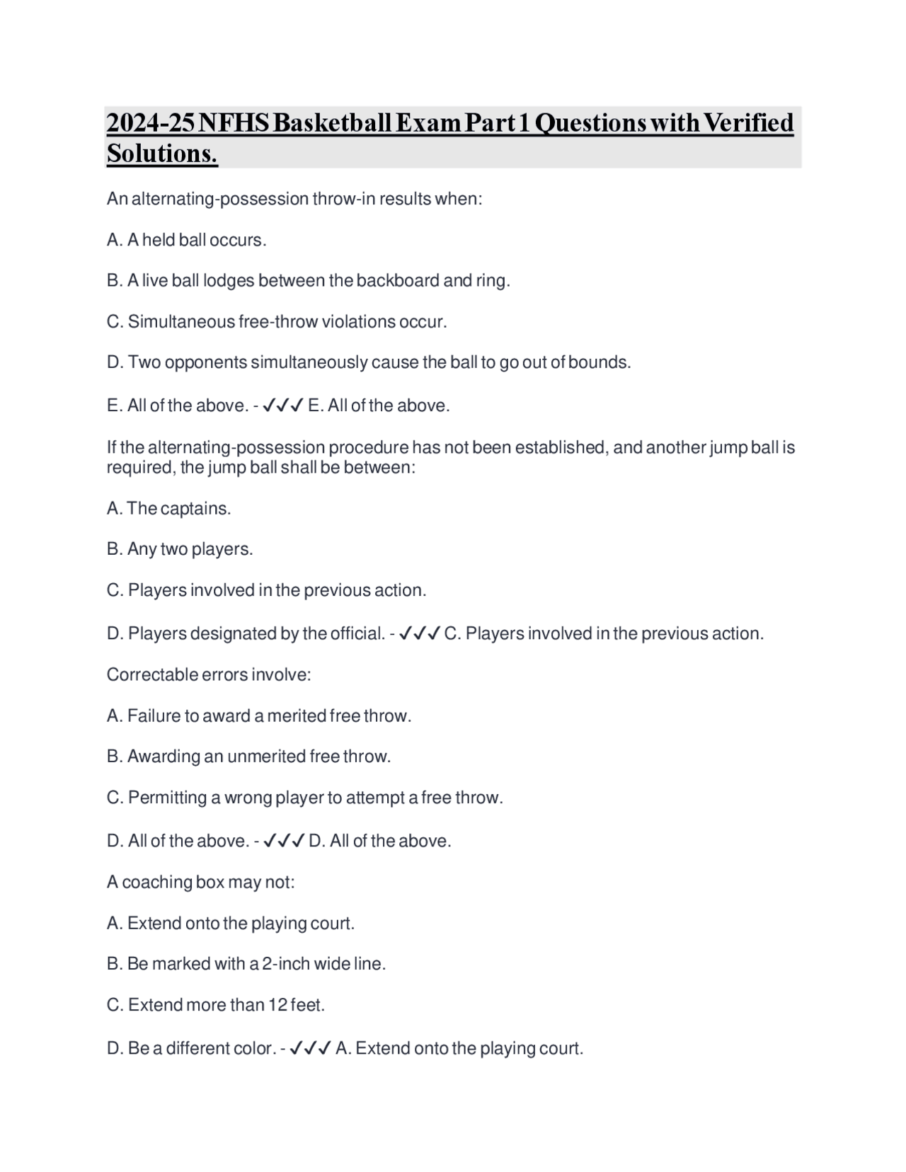 2024-25 NFHS Basketball Exam Part 1 Questions with Verified Solutions ...