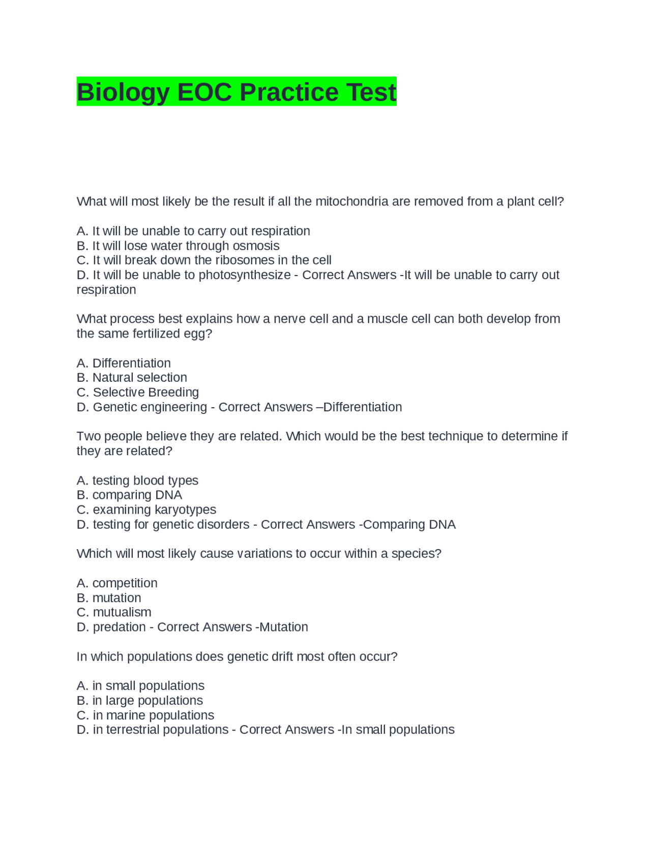 Biology EOC Practice Test: Multiple Choice Questions and Answers ...