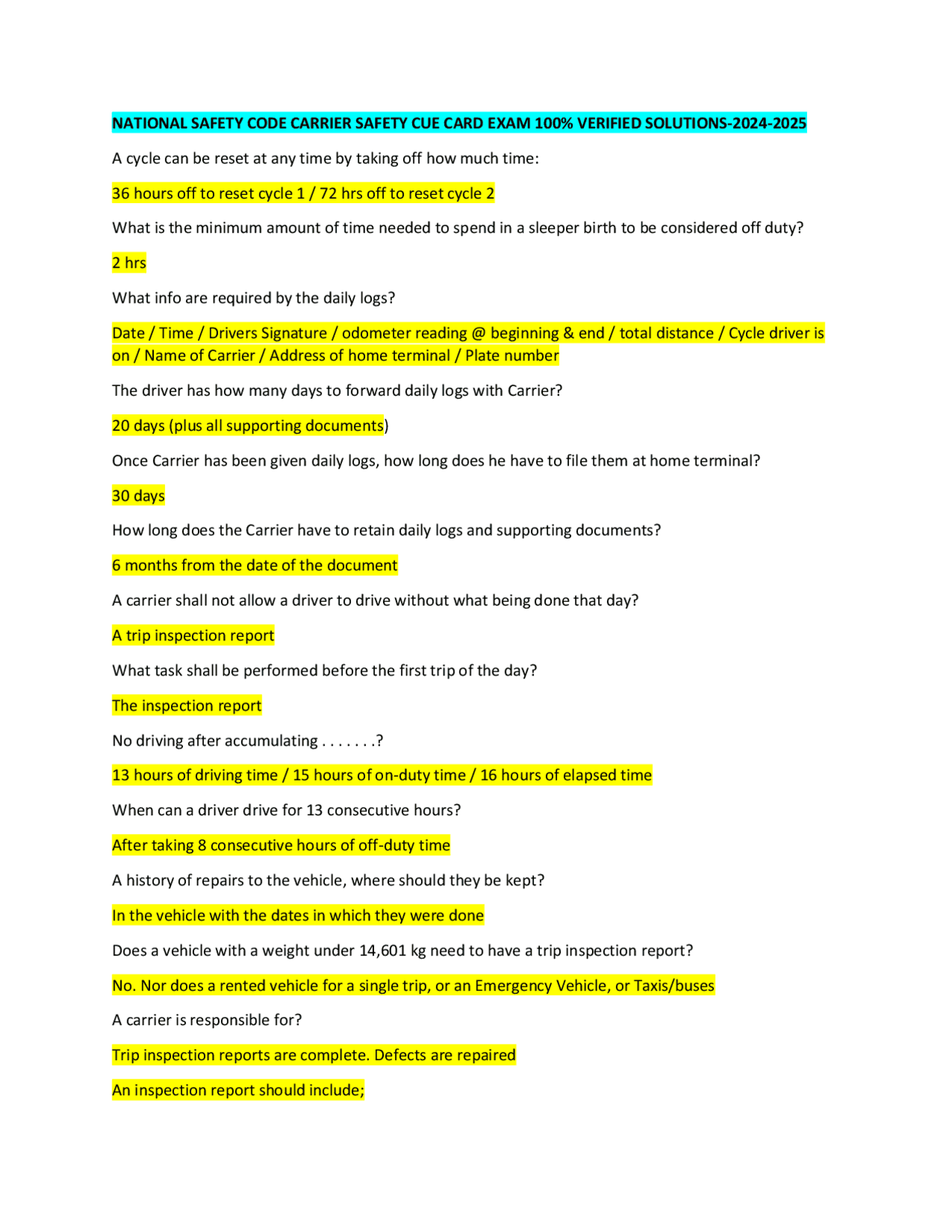 NATIONAL SAFETY CODE CARRIER SAFETY CUE CARD EXAM 100% VERIFIED ...