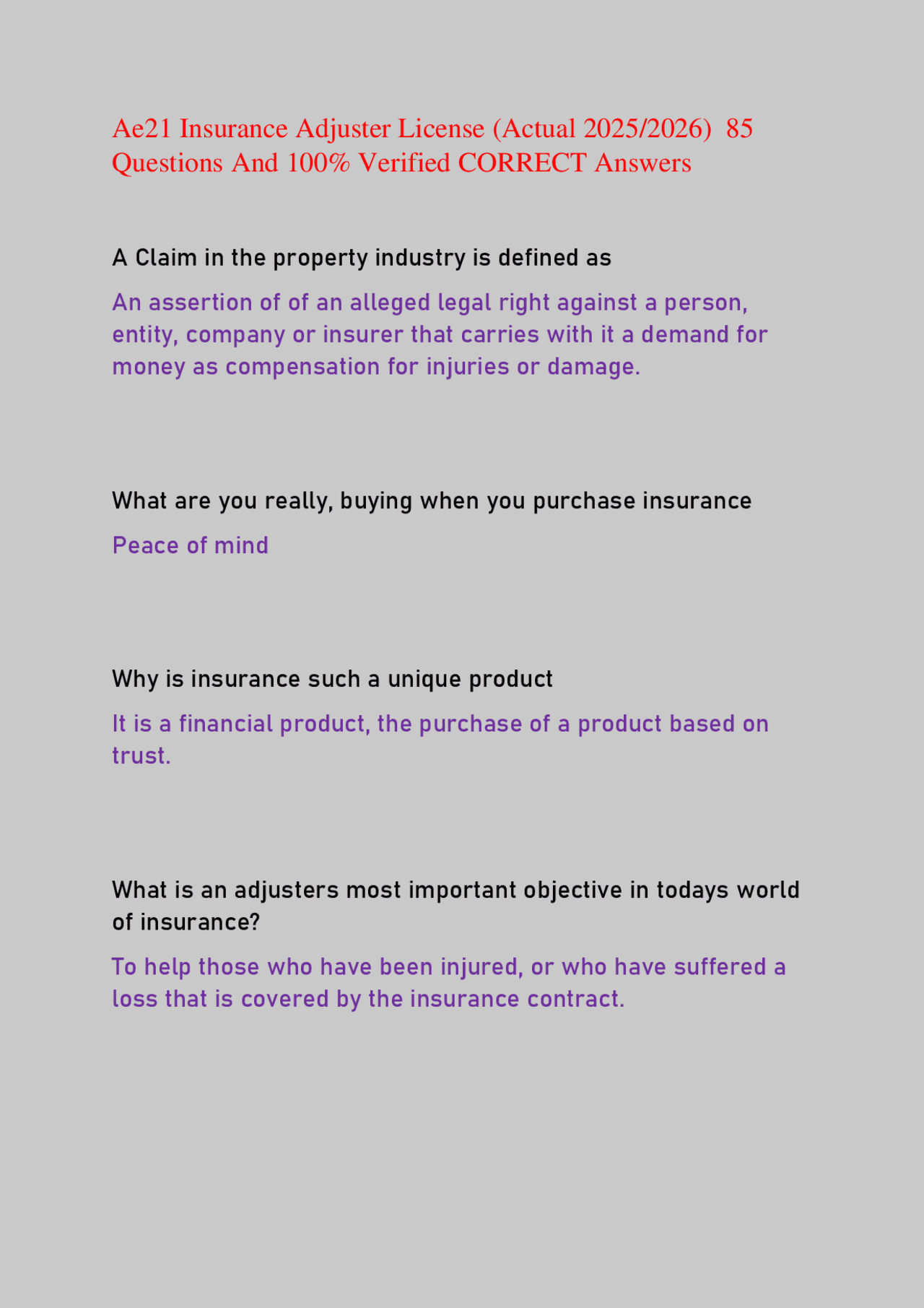 Ae21 Insurance Adjuster License (Actual 2025/2026) 85 Questions And 100 ...