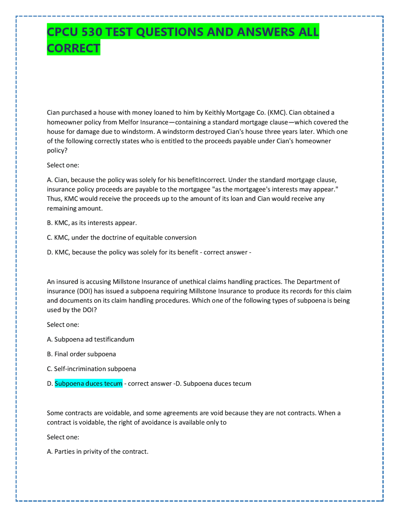 CPCU 530 TEST QUESTIONS AND ANSWERS ALL CORRECT | Exercises Marketing ...