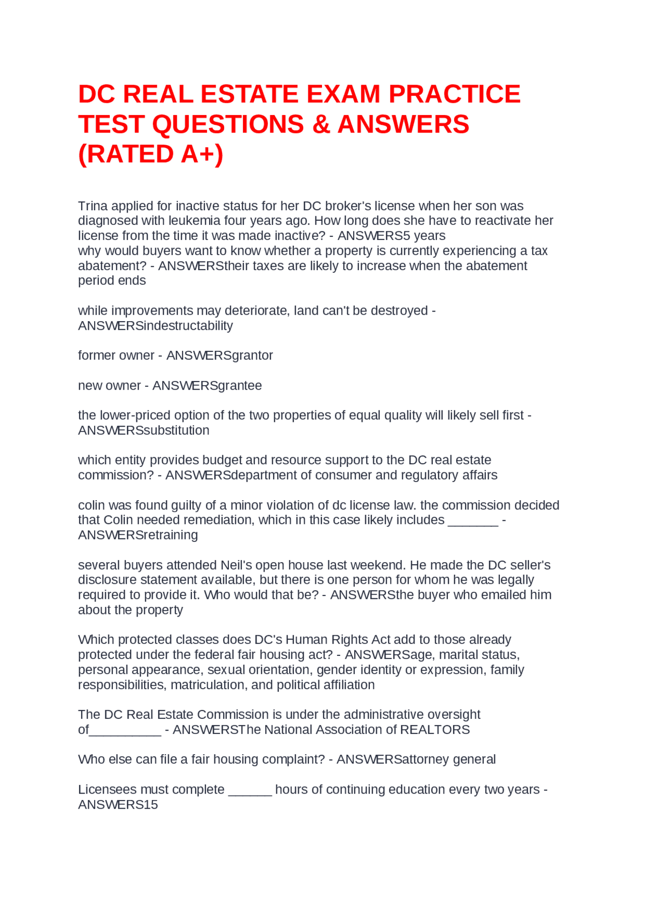 DC REAL ESTATE EXAM PRACTICE TEST QUESTIONS & ANSWERS (RATED A+ ...