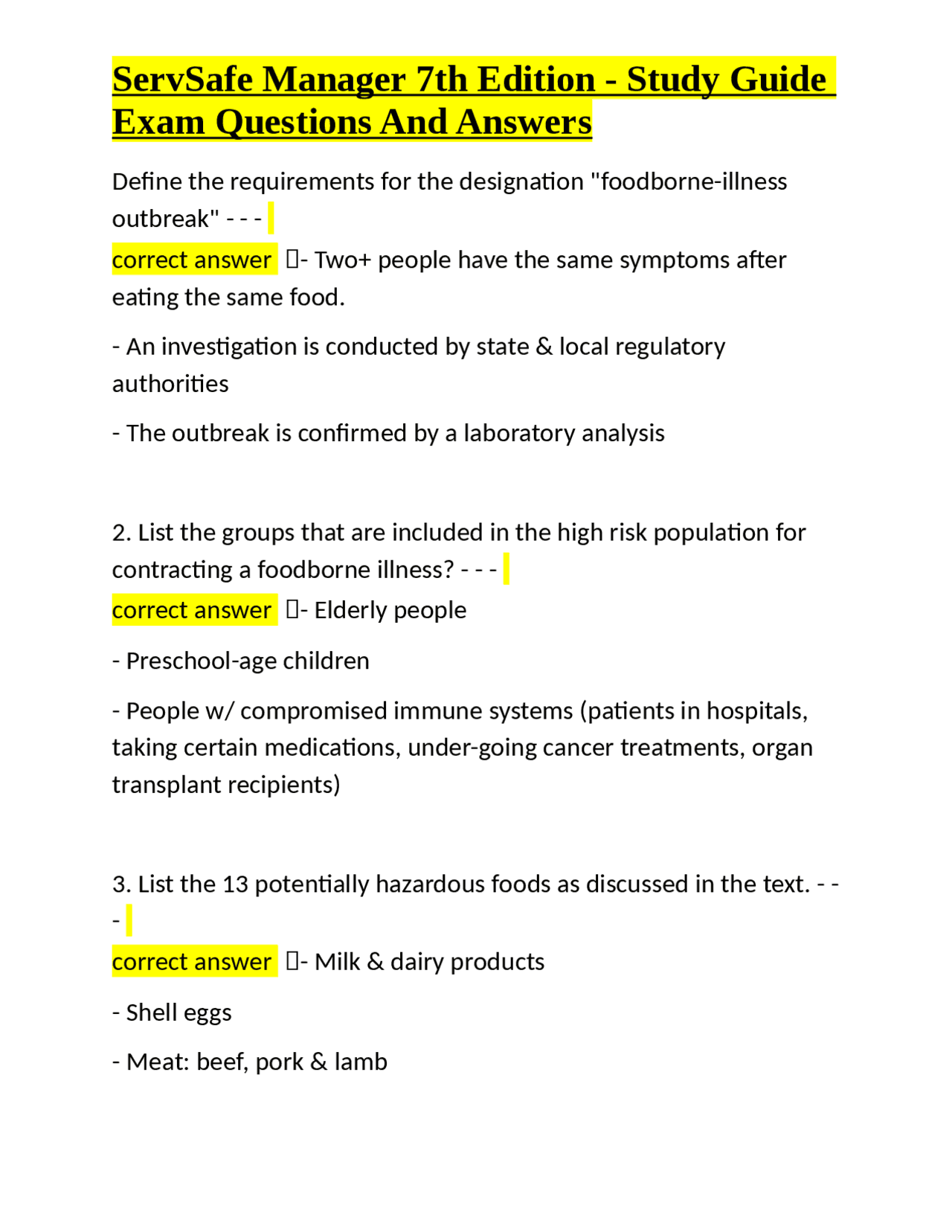 ServSafe Manager 7th Edition - Study Guide Exam Questions And Answers ...