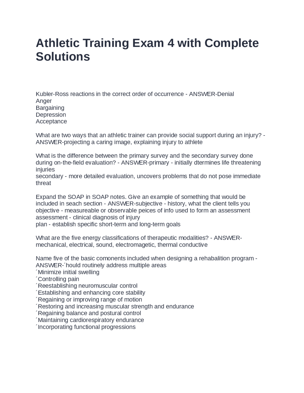 Athletic Training Exam 4 with Complete Solutions | Exams Nursing | Docsity