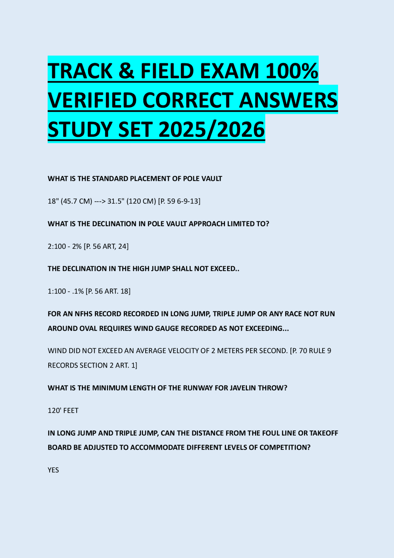 TRACK & FIELD EXAM 100% VERIFIED CORRECT ANSWERS STUDY SET 2025/2026 | Exams Organization and ...