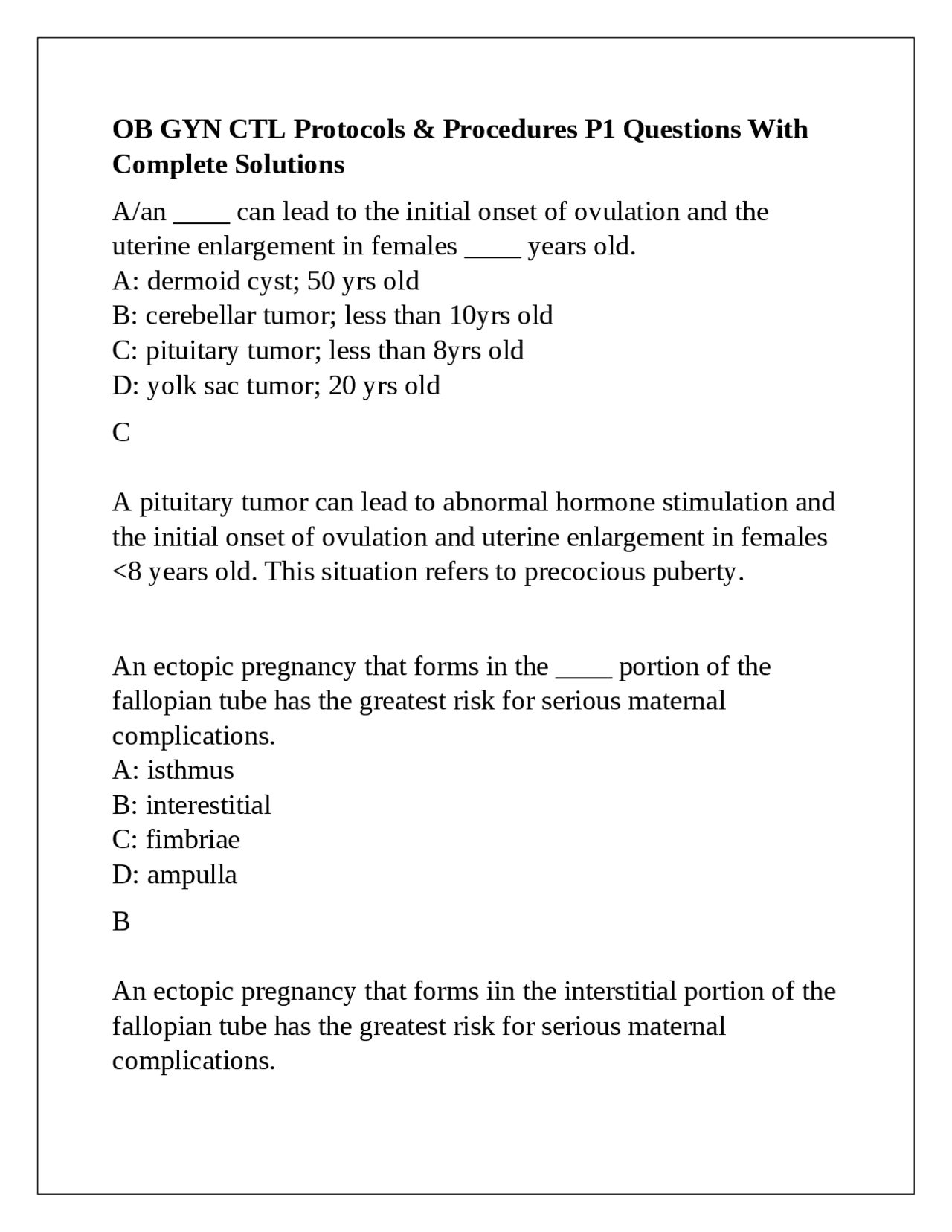 OB GYN CTL Protocols & Procedures P1 Questions With Complete Solutions | Exams Nursing | Docsity