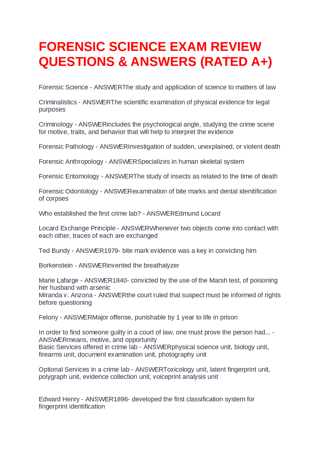 Forensic Science Exam Review: Questions & Answers | Exams Biology | Docsity