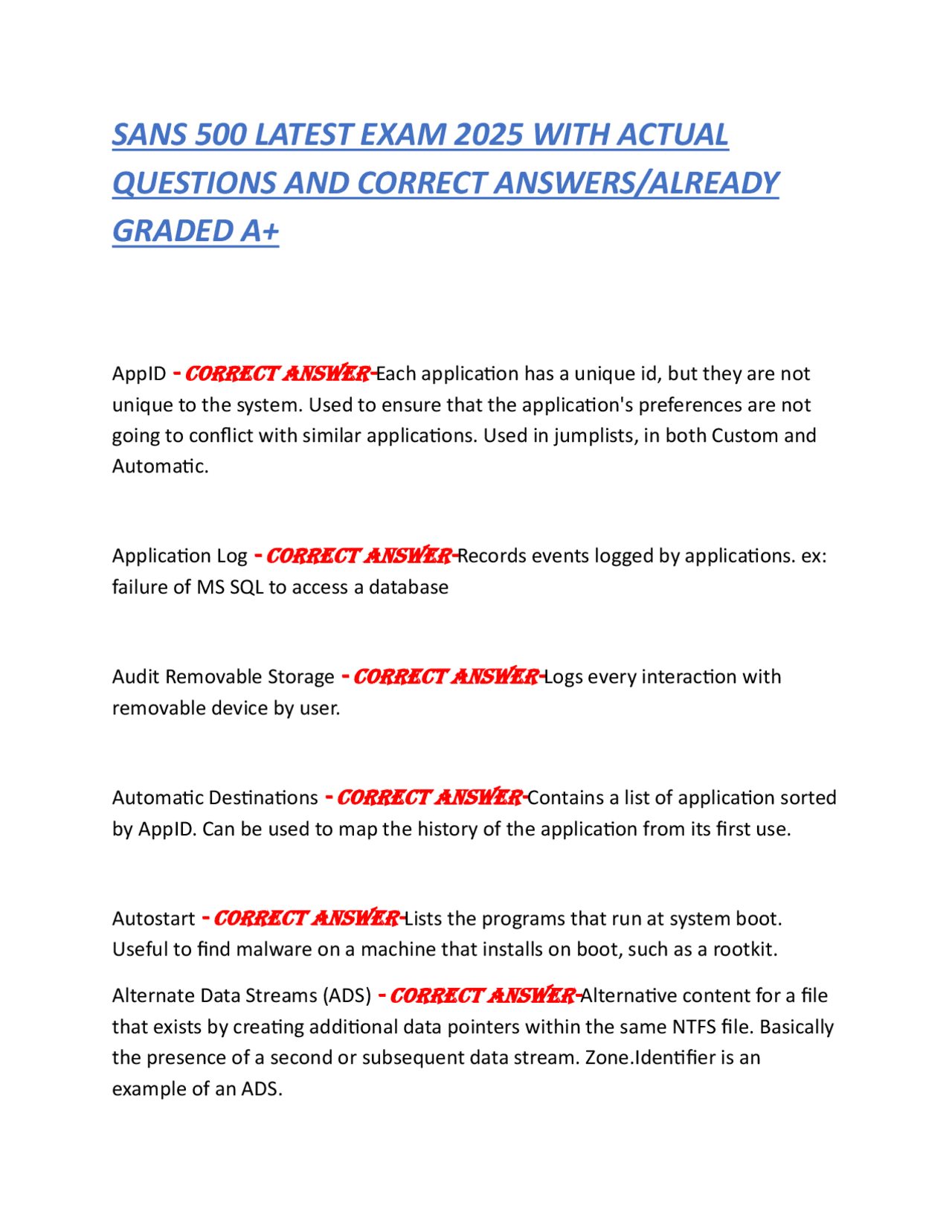 SANS 500 Exam Preparation: Key Concepts and Definitions | Exams Nursing ...