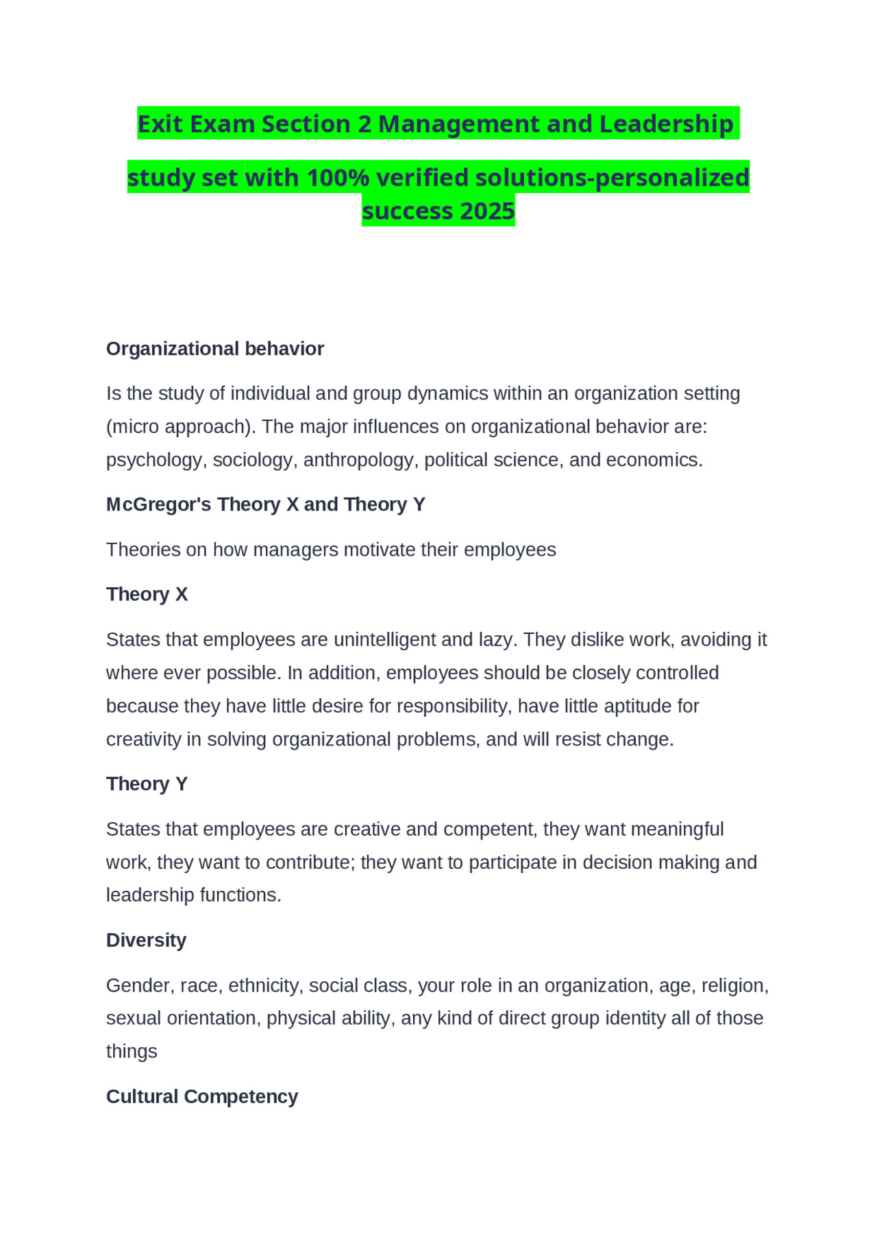 Exit Exam Section 2 Management and Leadership study set with 100% ...