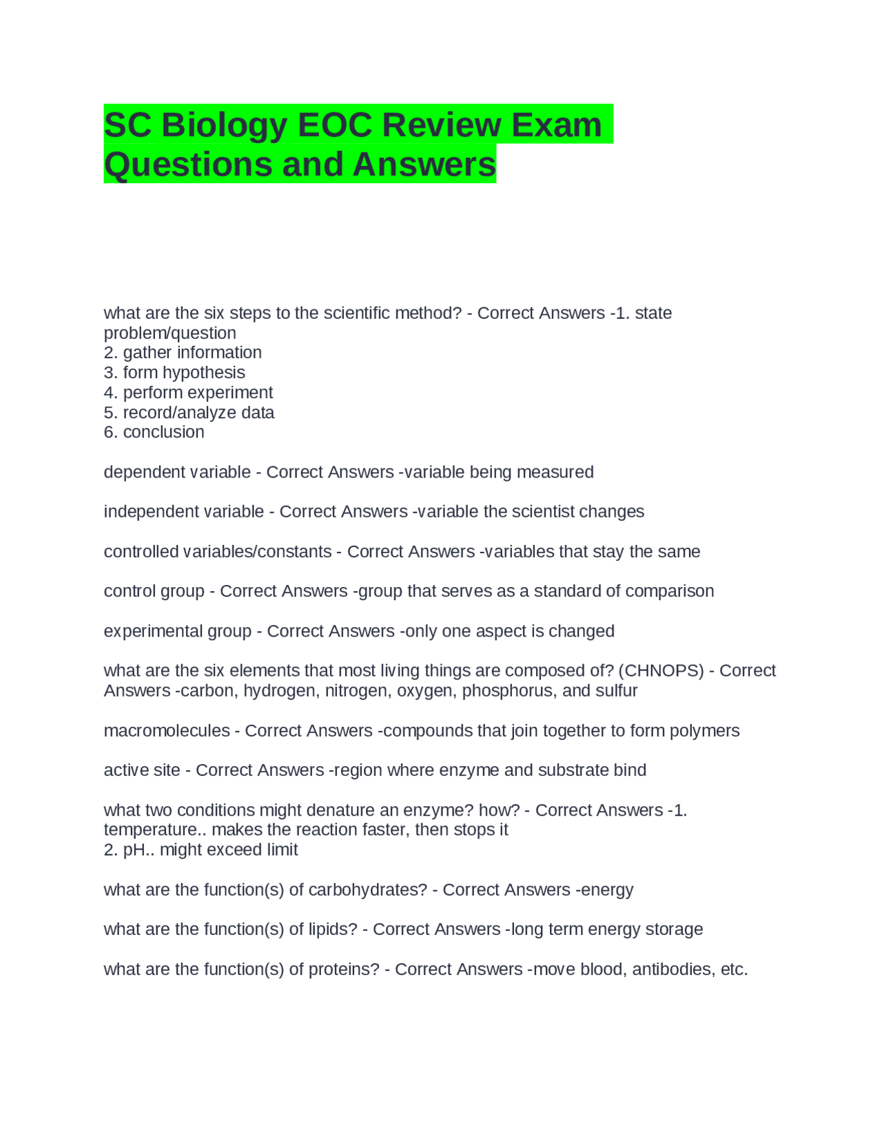 SC Biology EOC Review Exam Questions and Answers with complete ...