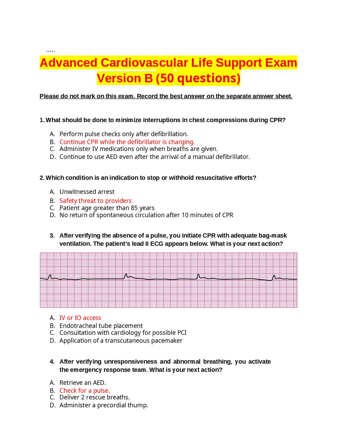 Advanced Cardiovascular Life Support Exam Version B (50 questions ...