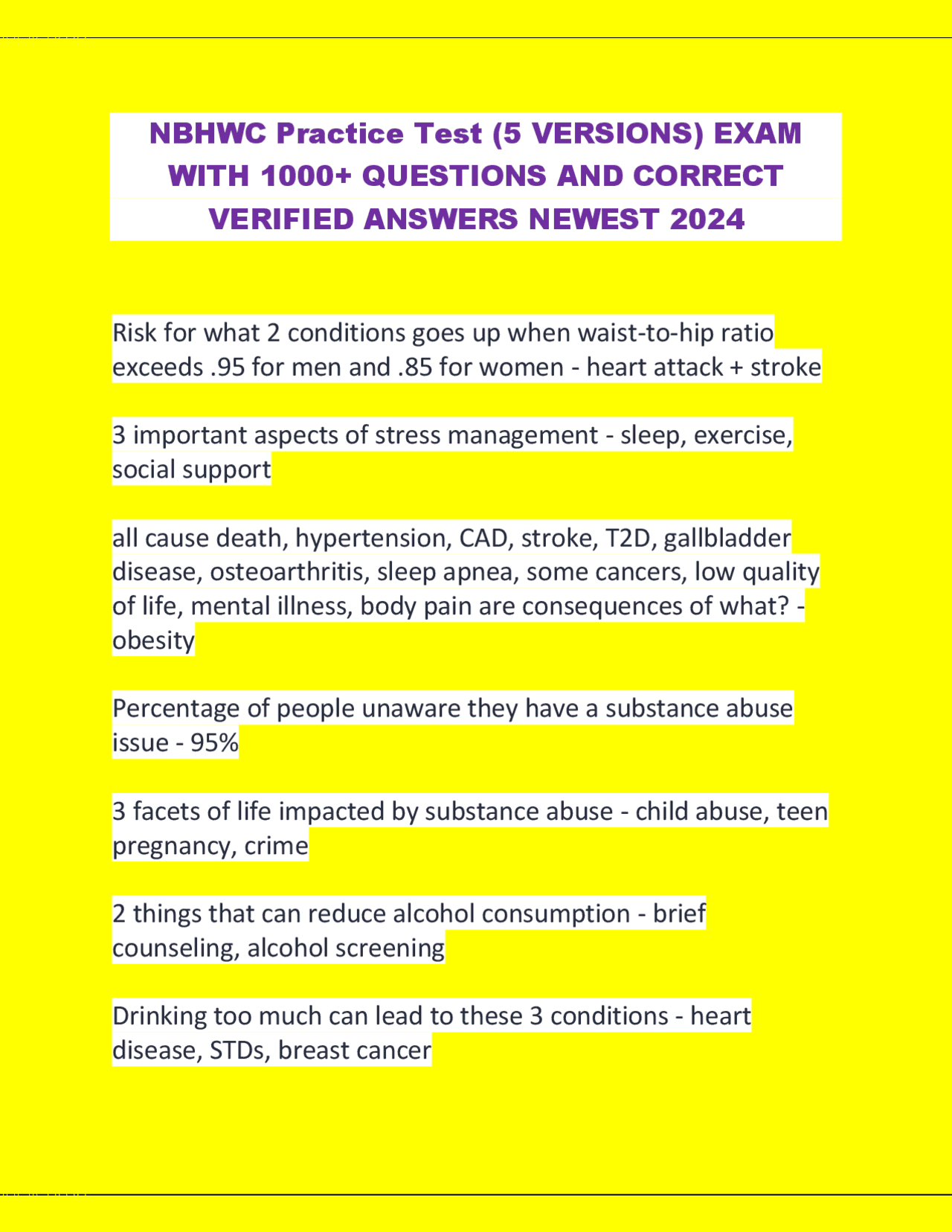 NBHWC Practice Test (5 VERSIONS) EXAM WITH 1000+ QUESTIONS AND CORRECT ...