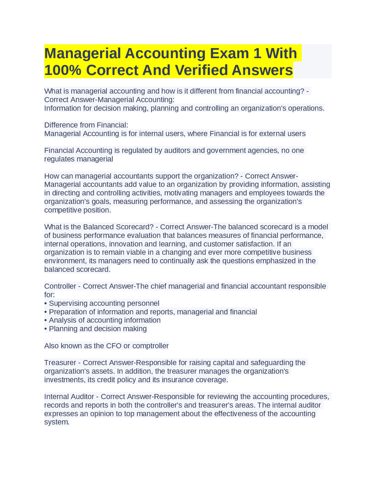 Managerial Accounting Exam 1 With 100% Correct And Verified Answers ...